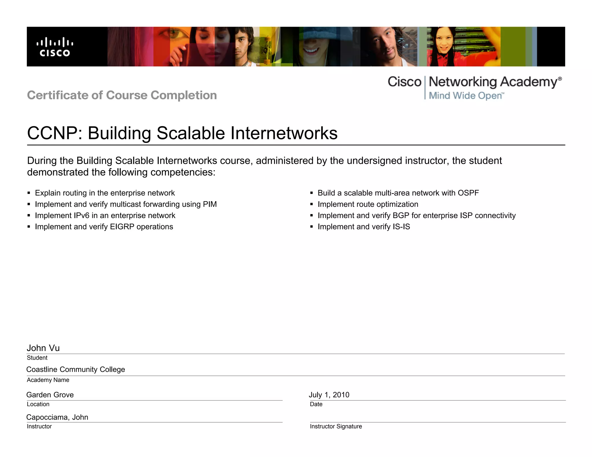 Cisco Certificate of Completion - BSCI | PDF