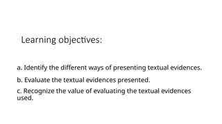 Content for PPT Evidences Textual Evidences | PPTX