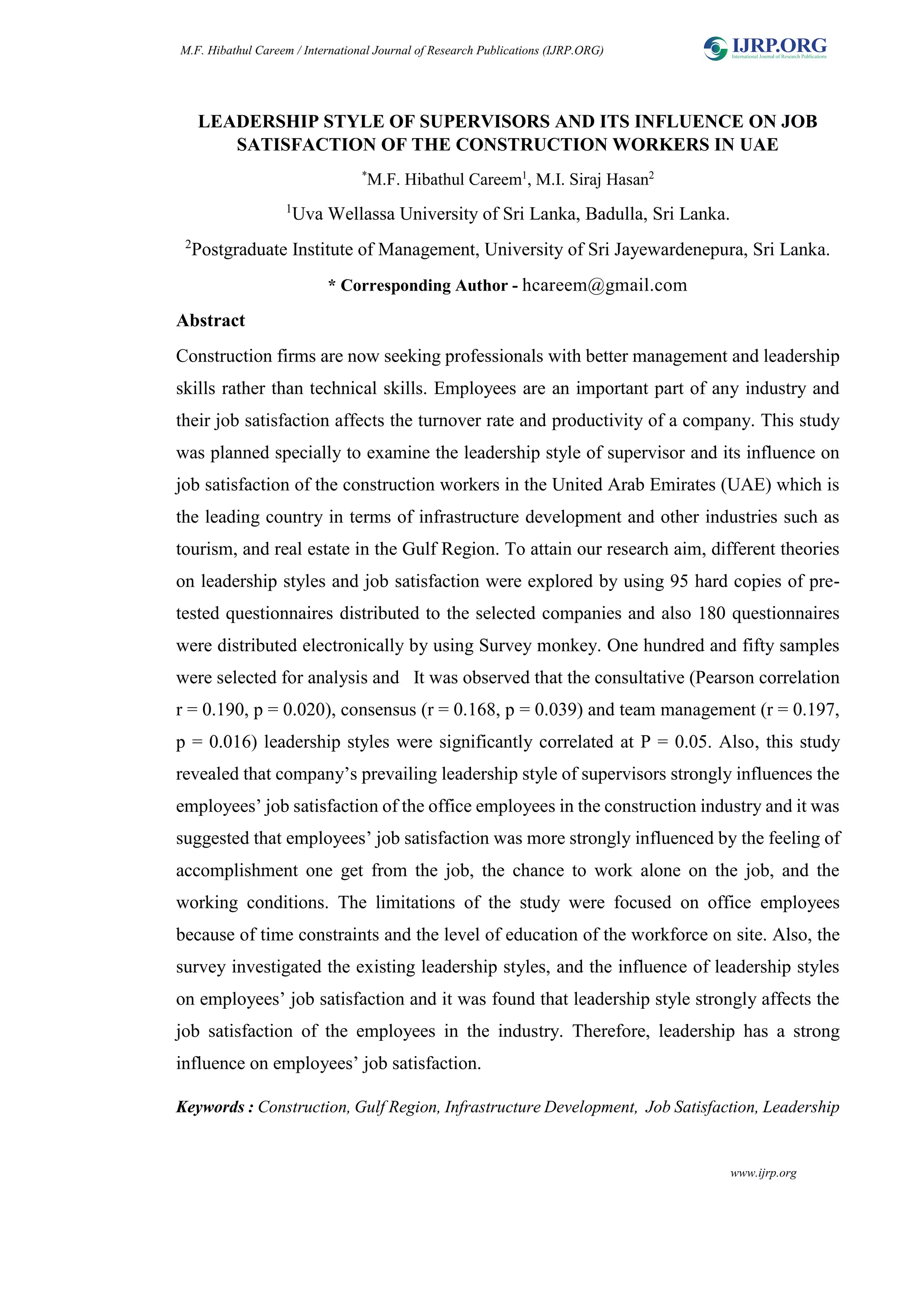 Leadership Style of the Supervision and its influence on job satisfaction of the construction ...