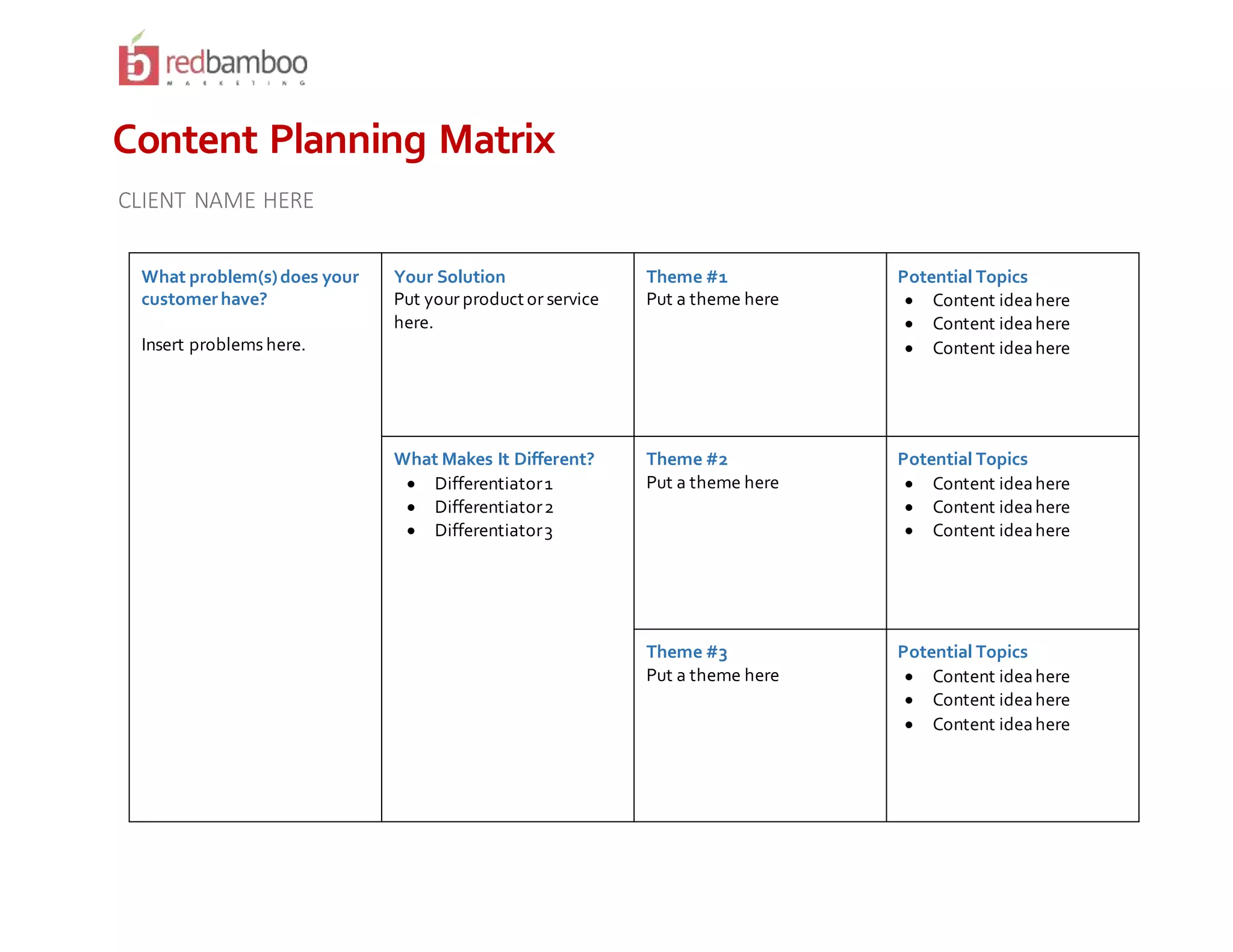 Content Marketing Planning Matrix | DOCX