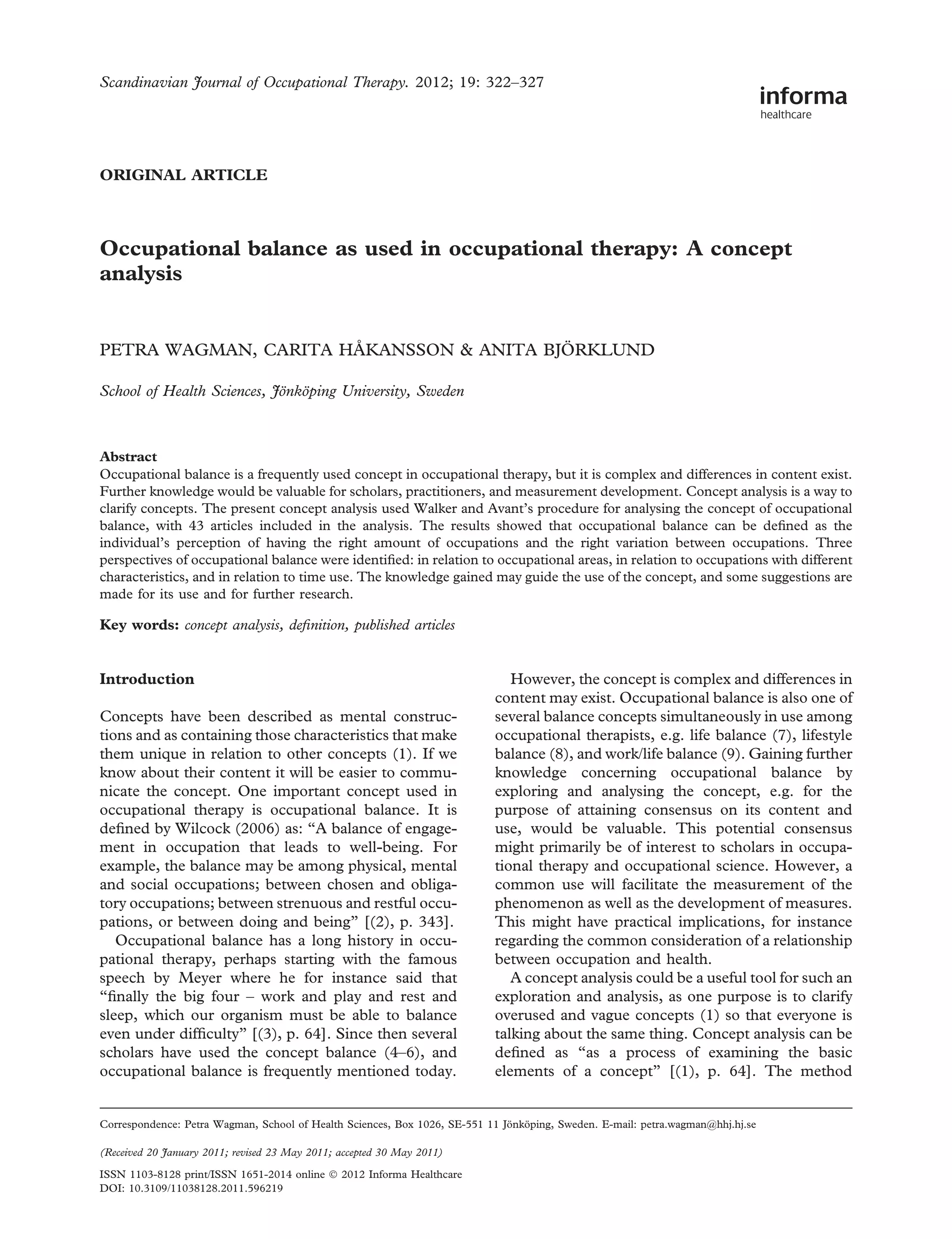 Occupational balance as used in occupational therapy: A concept ...