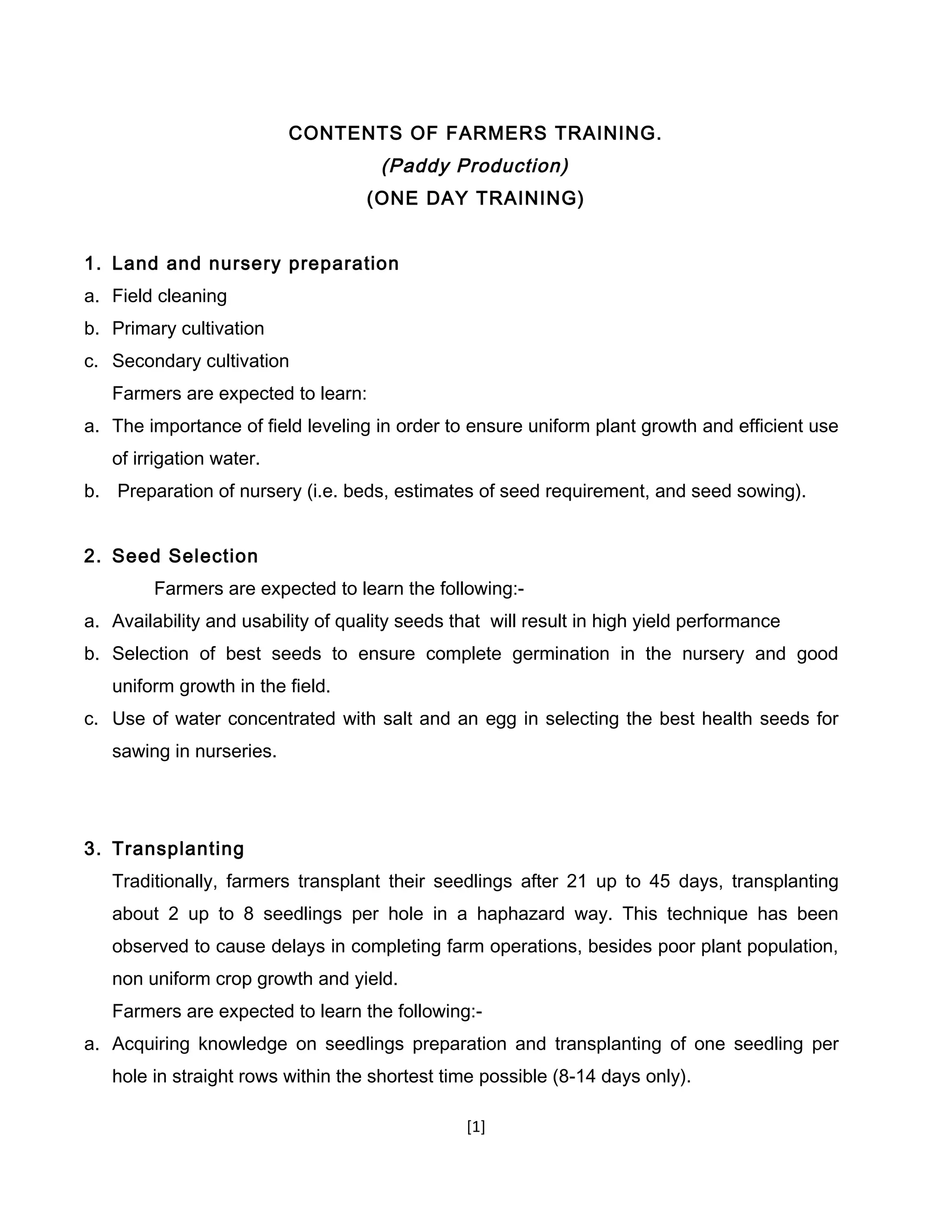 Contents of farmers training | DOC