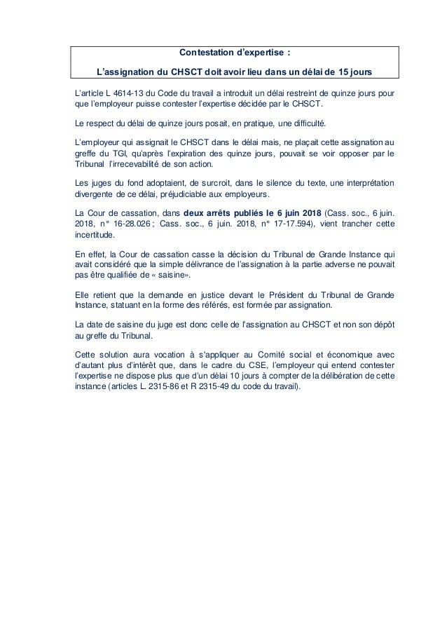 Contestation d'expertise CHSCT délai de 15 jours Contestation d'expertise CHSCT délai de 15 jours