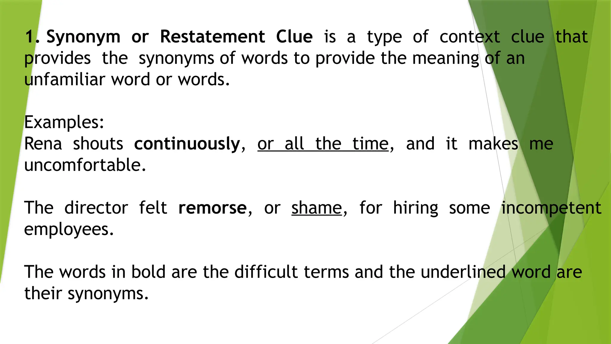 Types of Context Clues: Synonyms, Antonyms, Definitin, Example Clue ...