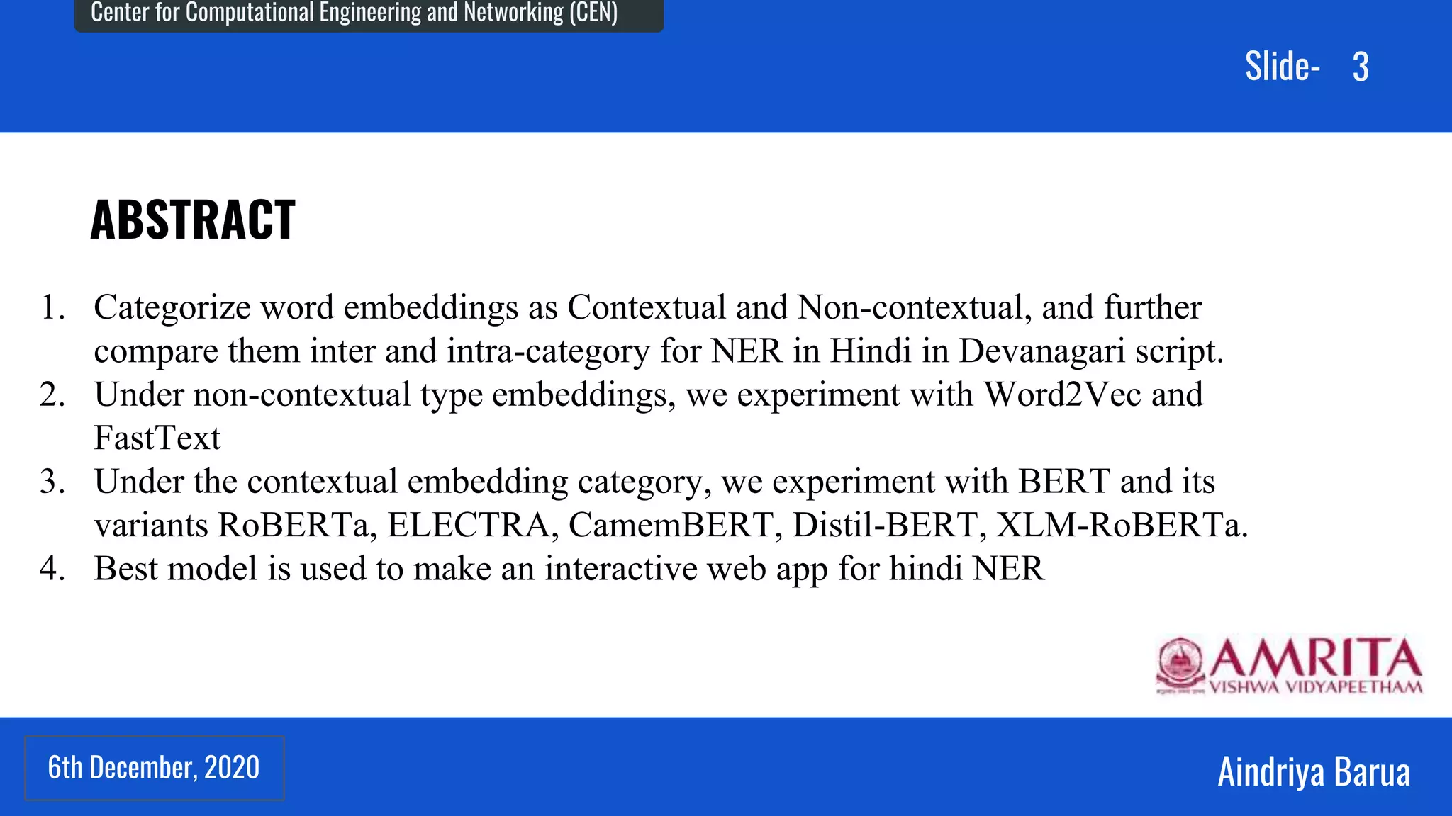 Contextual Vs Non Contextual Word Embedding Models For Hindi Named
