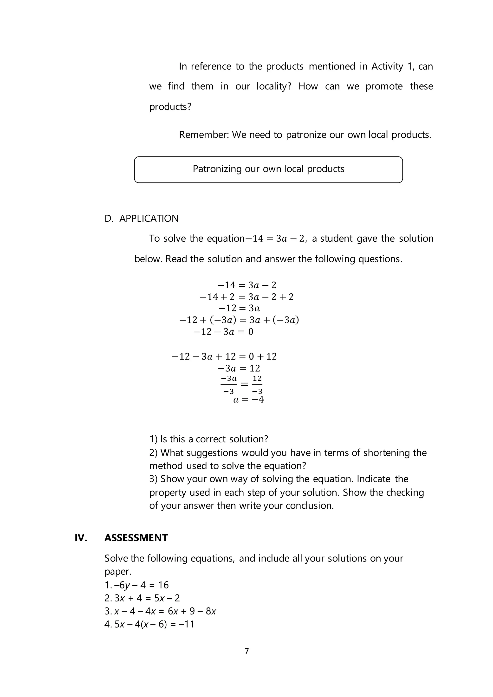 Contextualized Lesson Plan in Math 7 Linear Equation in One Variable | DOCX