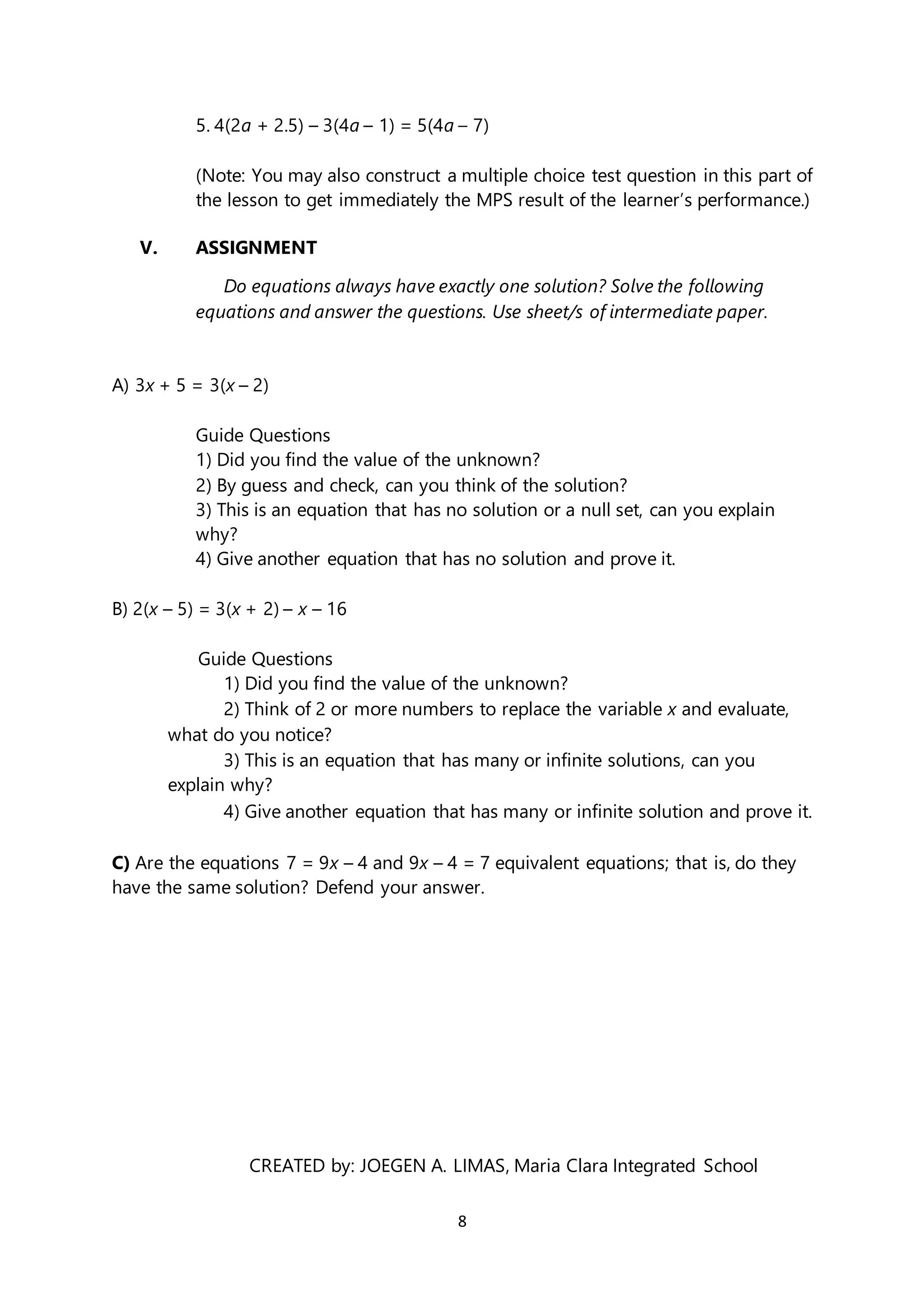 Contextualized Lesson Plan in Math 7 Linear Equation in One Variable | DOCX