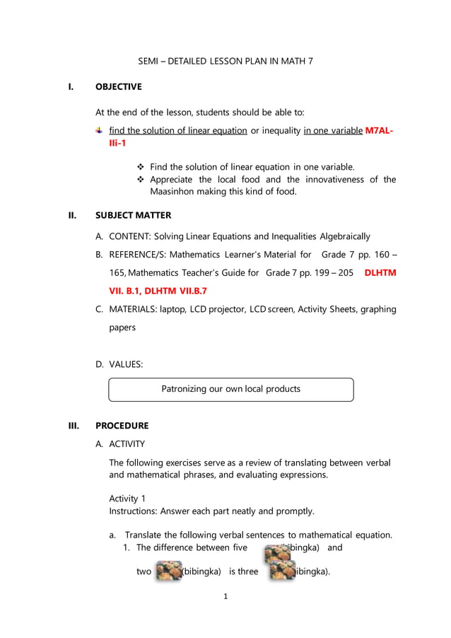 Contextualized Lesson Plan in Math 7 Linear Equation in One Variable | DOCX