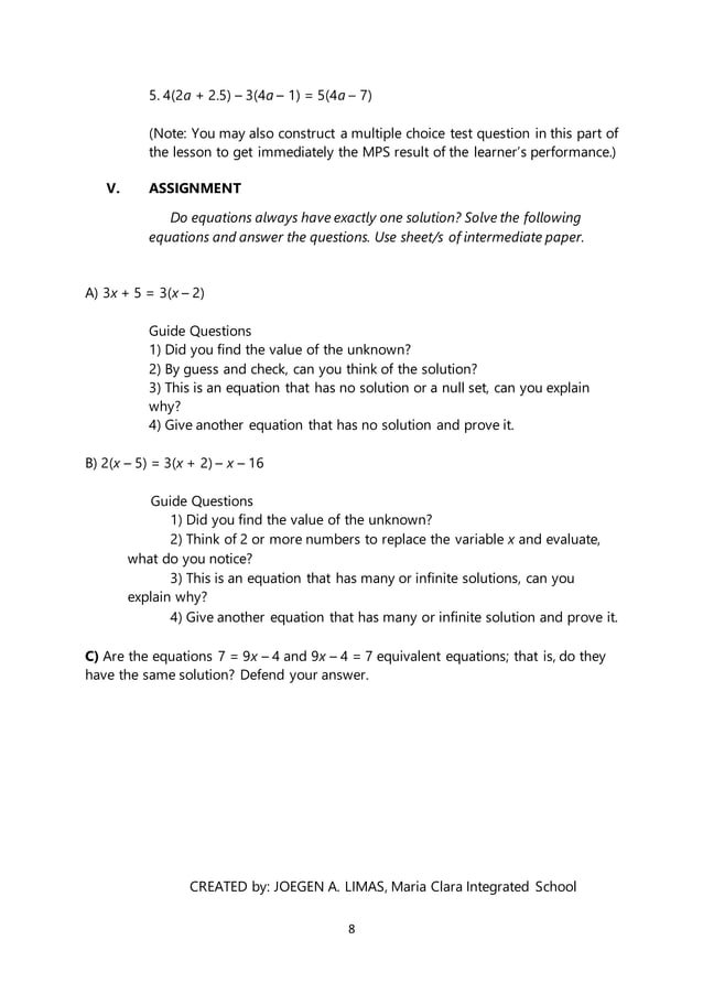 Contextualized Lesson Plan in Math 7 Linear Equation in One Variable | DOCX