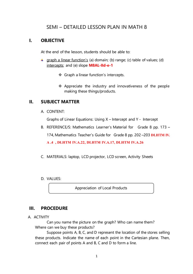 Contextualized Lesson Plan in Math 8 Graphs of Linear Equations using ...