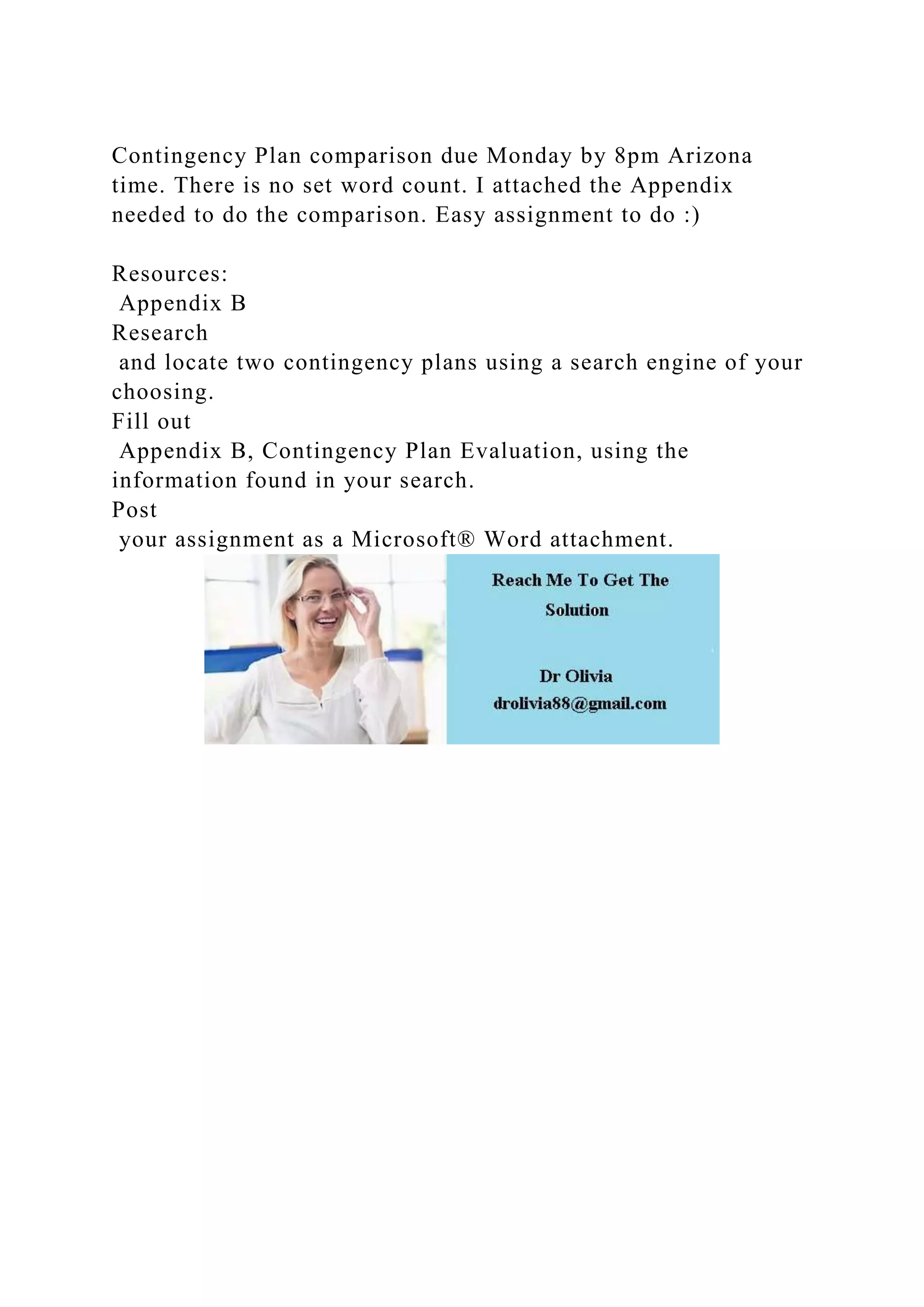 Contingency Plan comparison due Monday by 8pm Arizona time. There is.docx