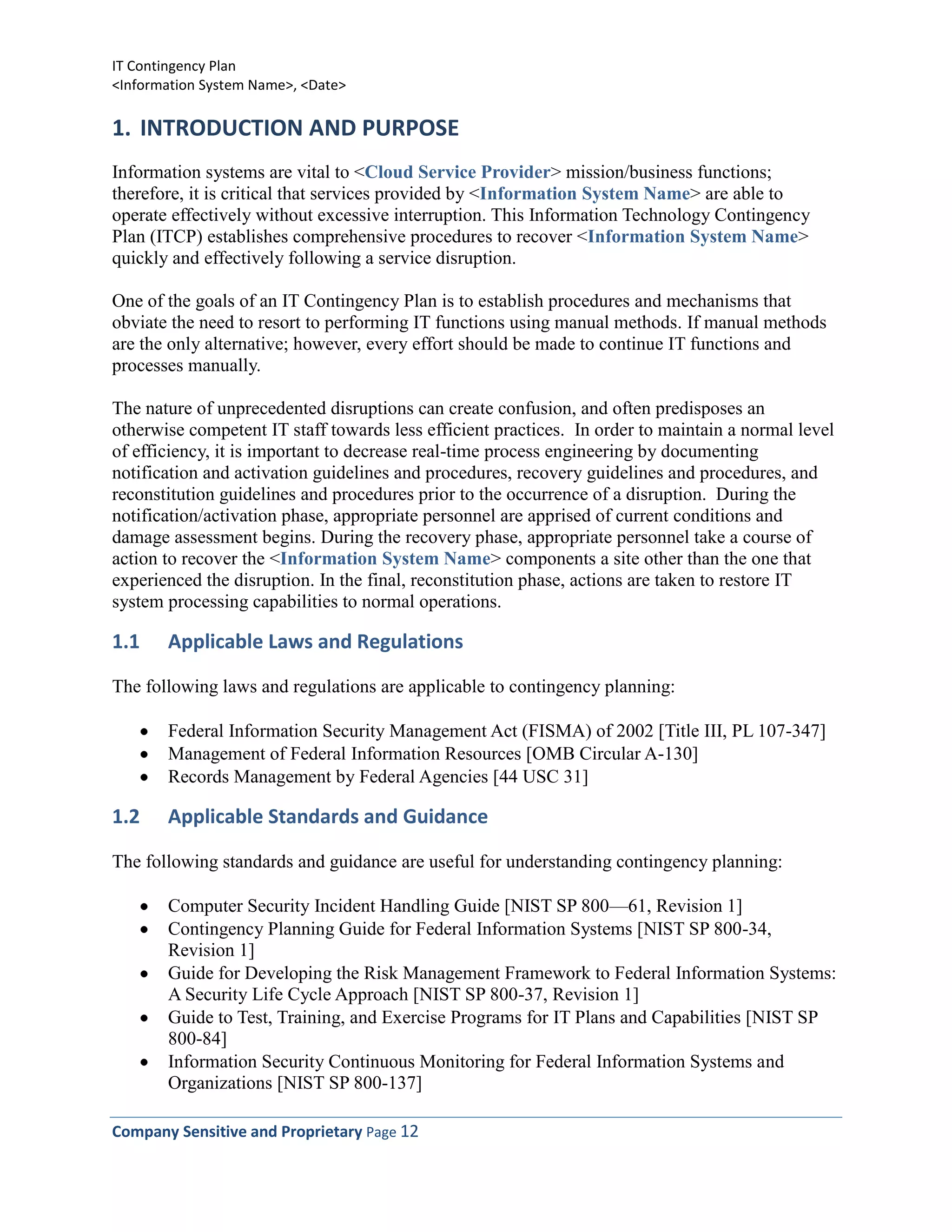 Information Technology Contingency Plan (Template) | DOCX