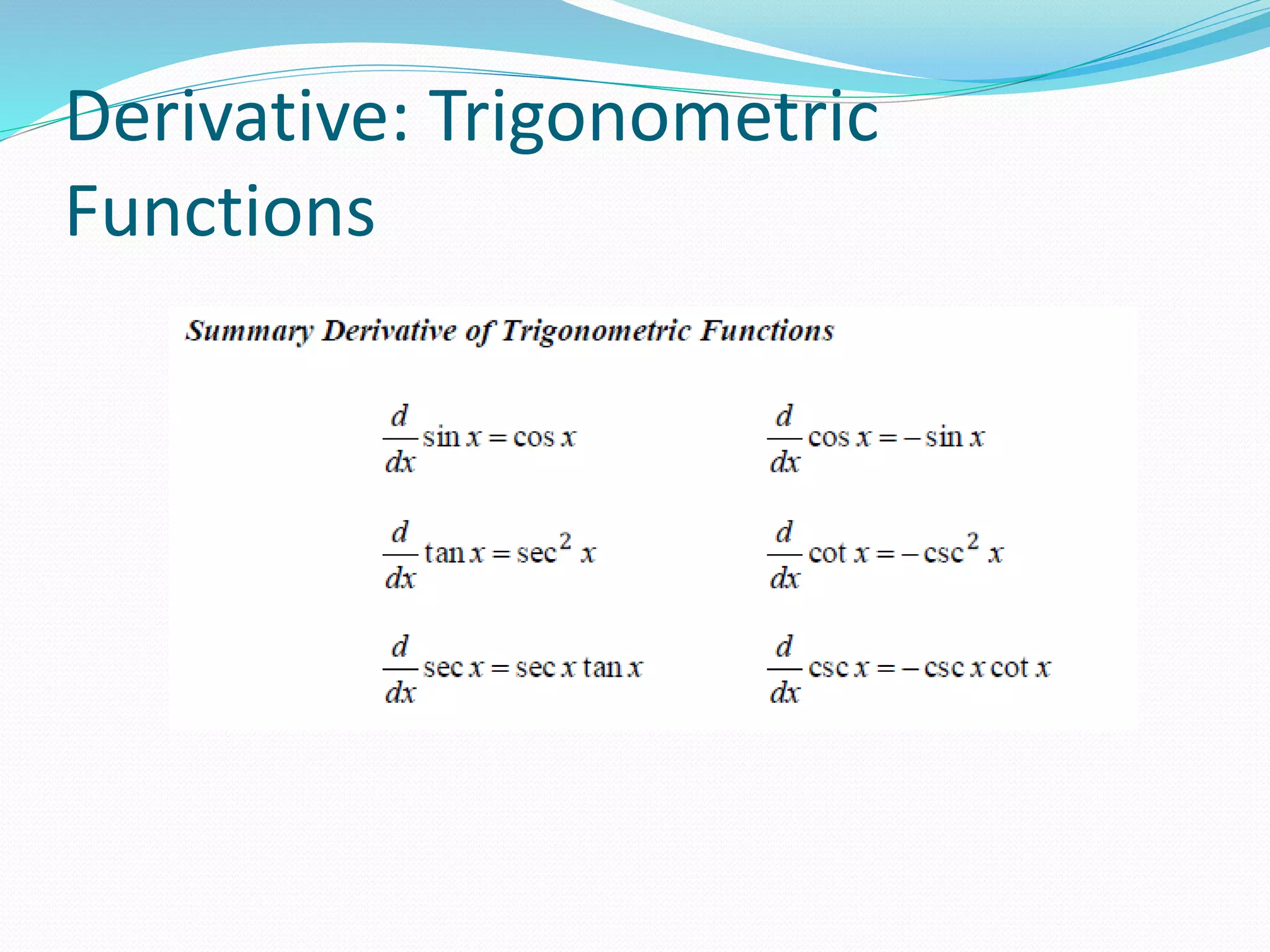 Continuation chain rule and derivative of trigo functions | PPT