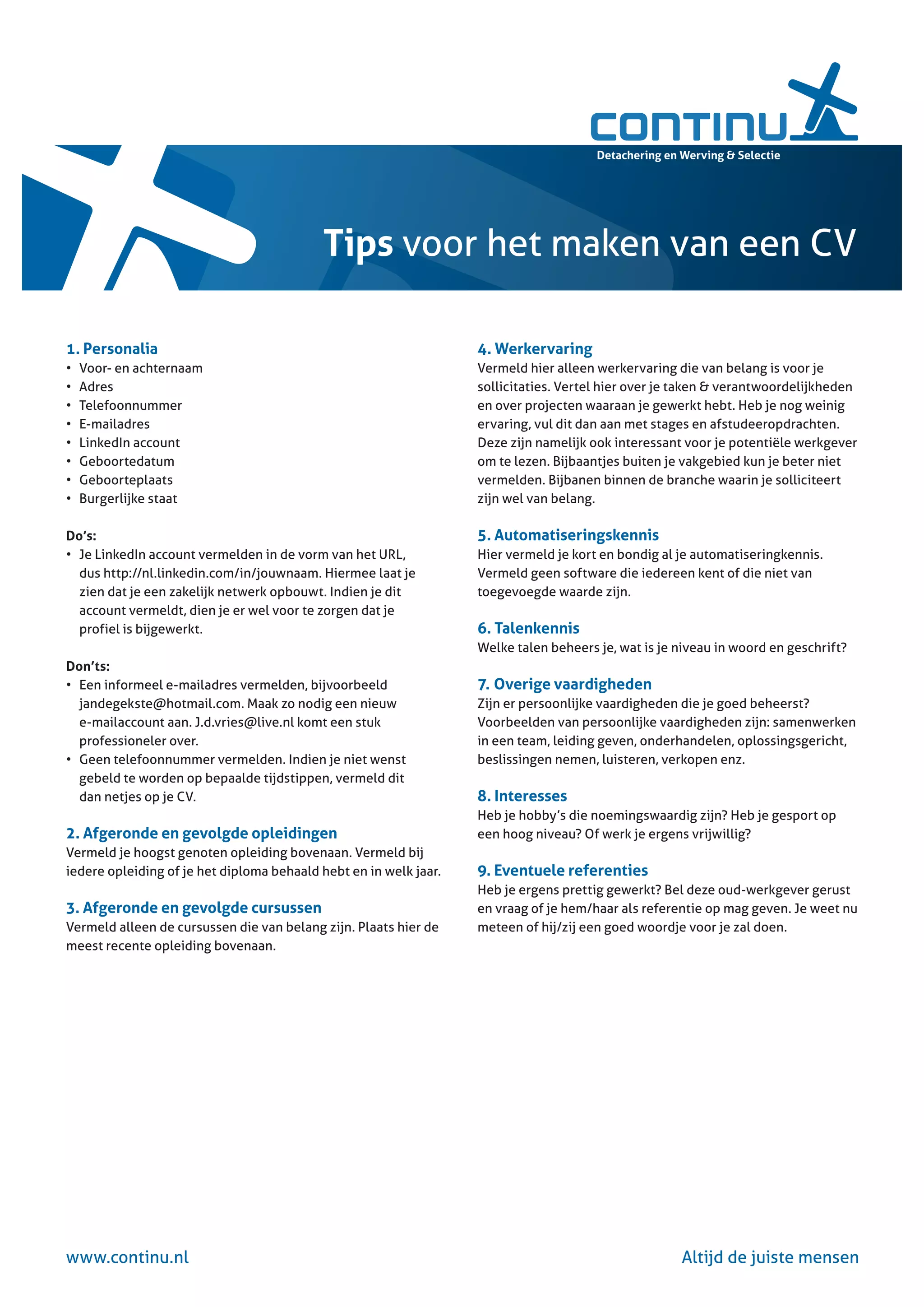 Continu tips voor een CV | PDF