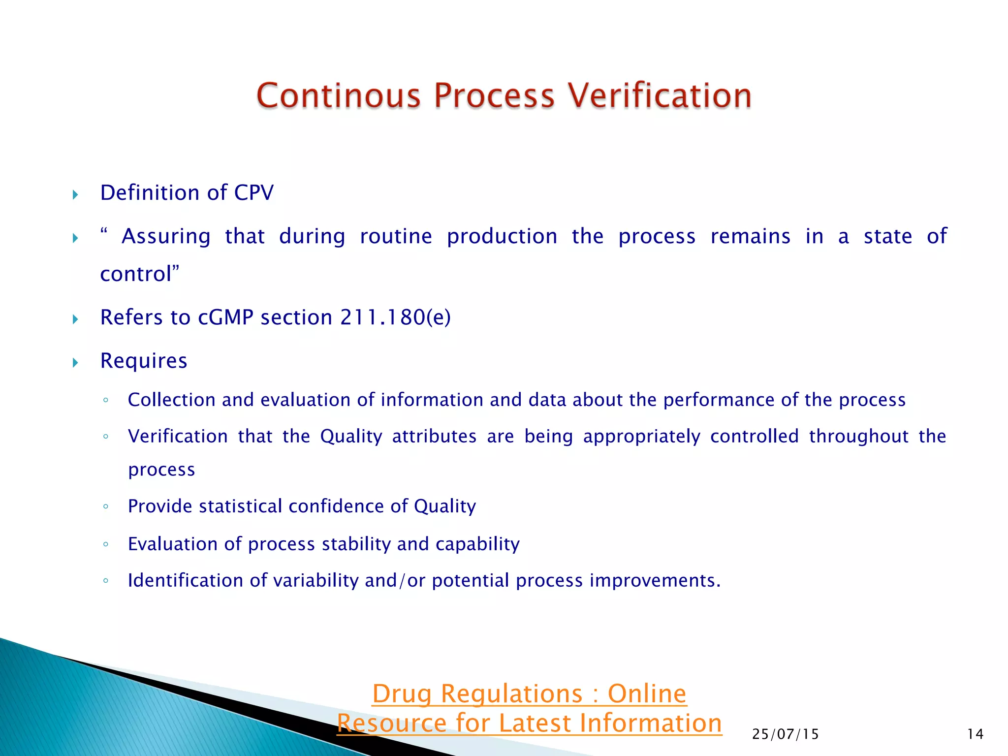 Us Fda Process Validation Stage 3: Continued Process Verification | Pptx