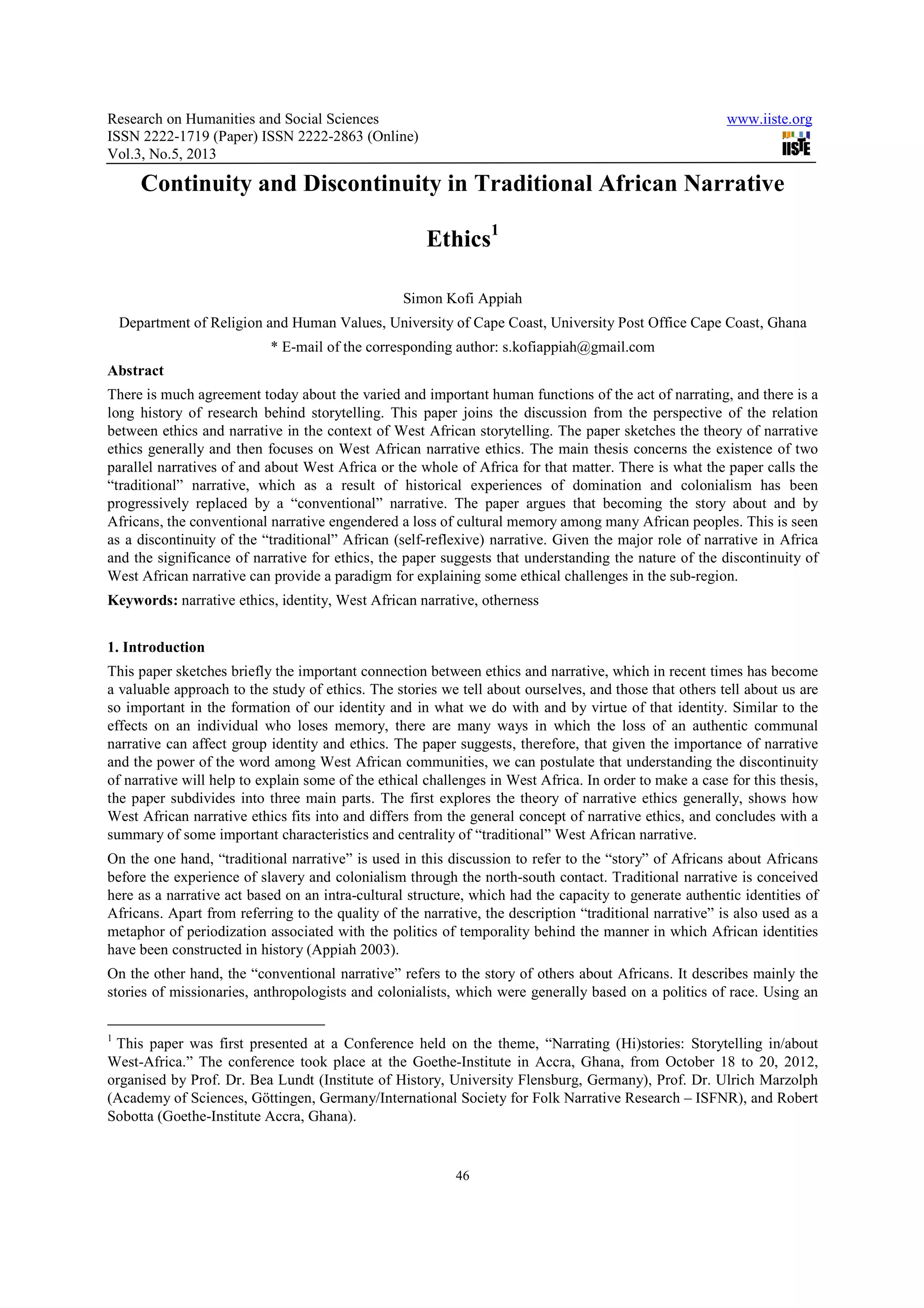 Continuity and discontinuity in traditional african narrative ethics | PDF