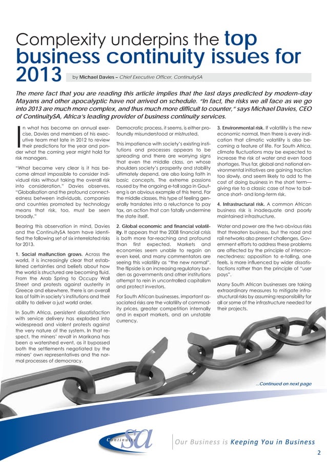 ContinuitySA Client Chronicles 1st Quarter 2013 Newsletter | PDF