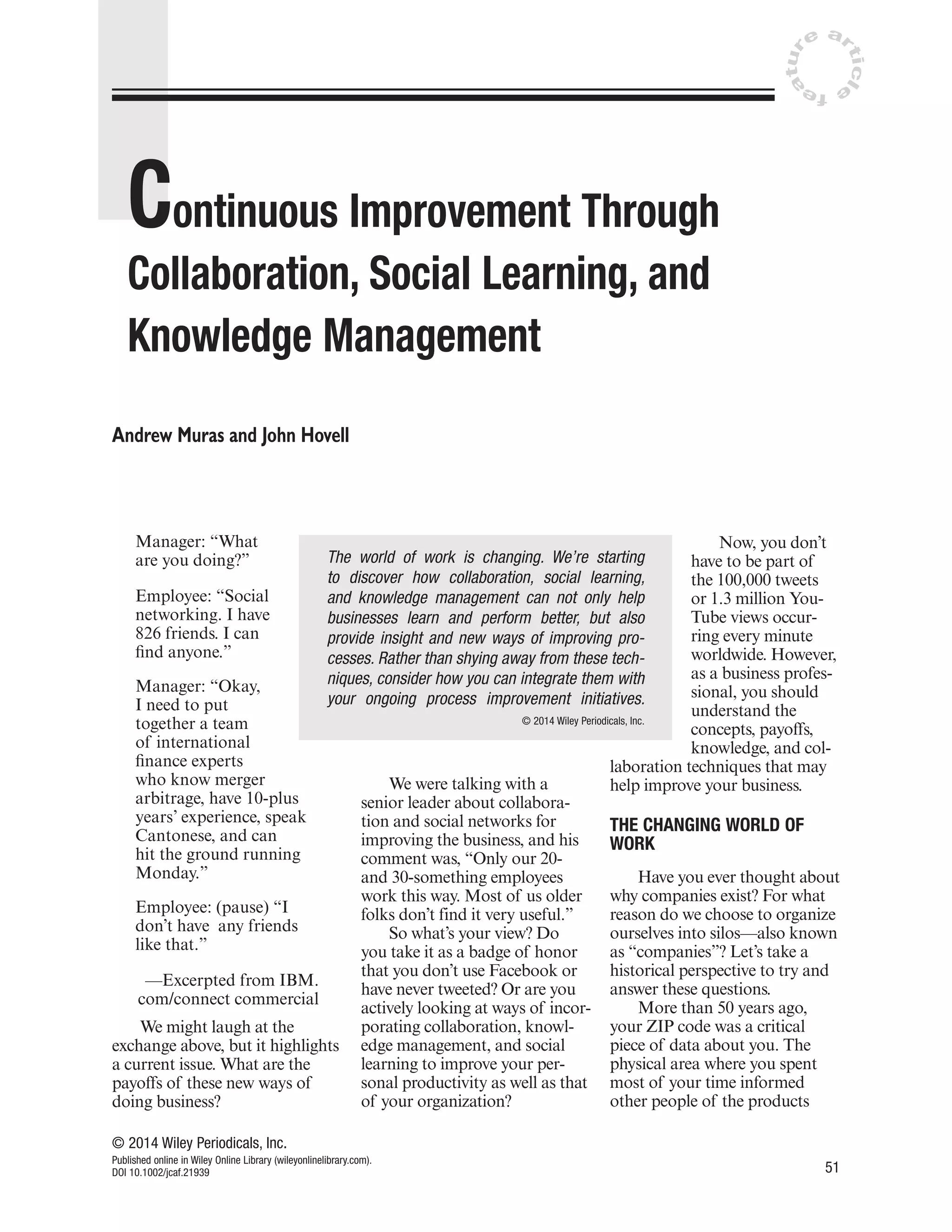 Continuous Improvement thruogh Knowledge Management, Social Learning ...