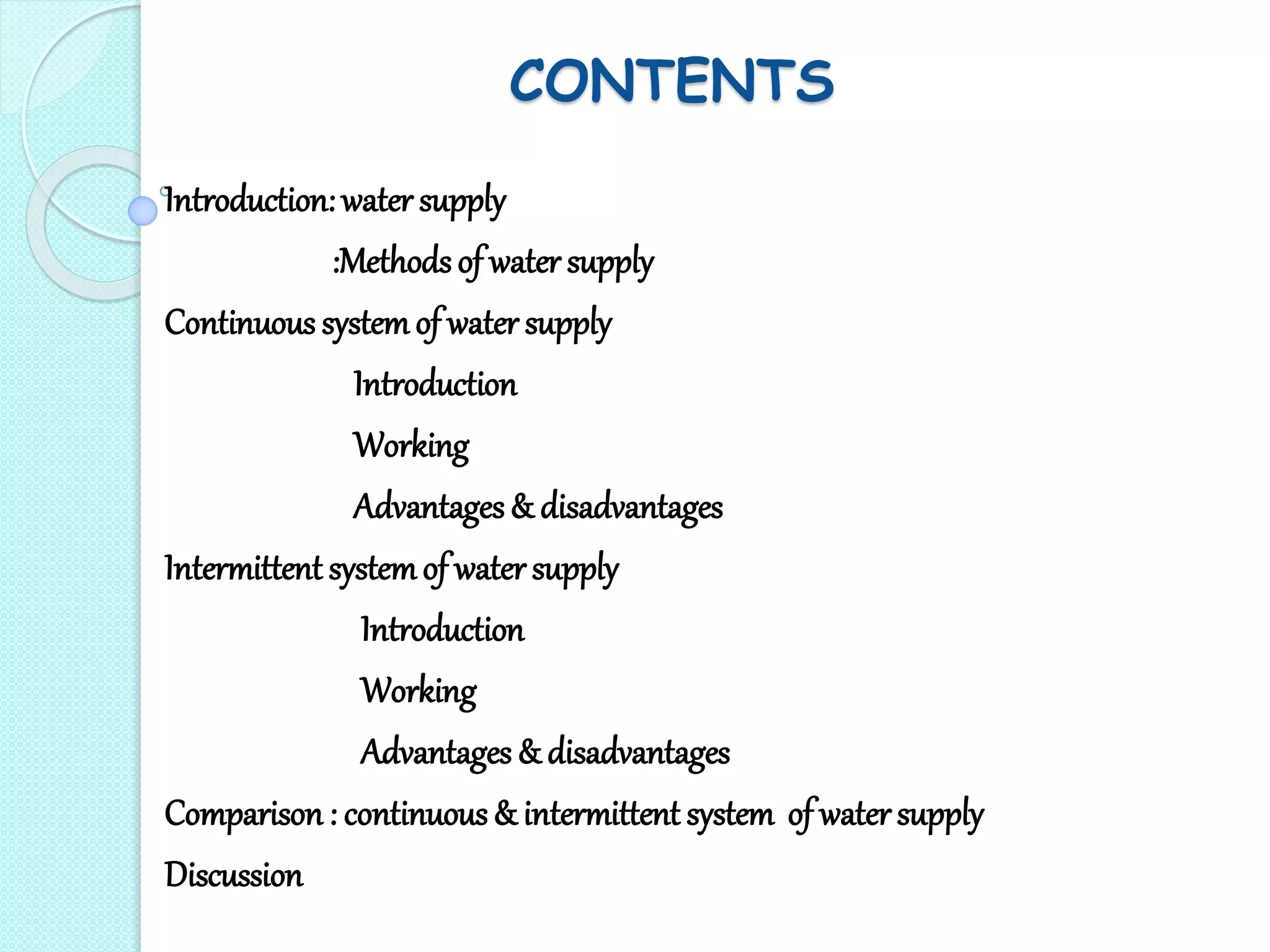 Continuous & intermittent system of water supply | PPTX