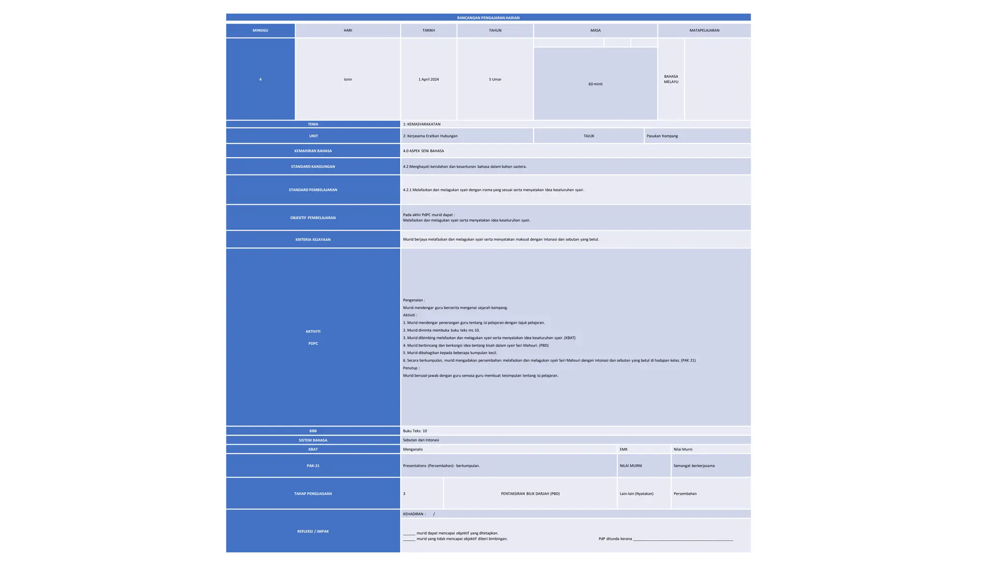 contoh penulisan rekod pengajaran harian | PPT