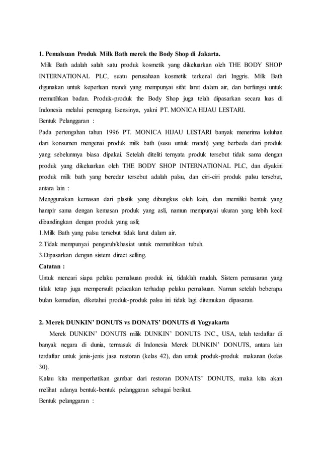 Contoh contoh kasus pelanggaran hak merek (tugas 4) | PDF