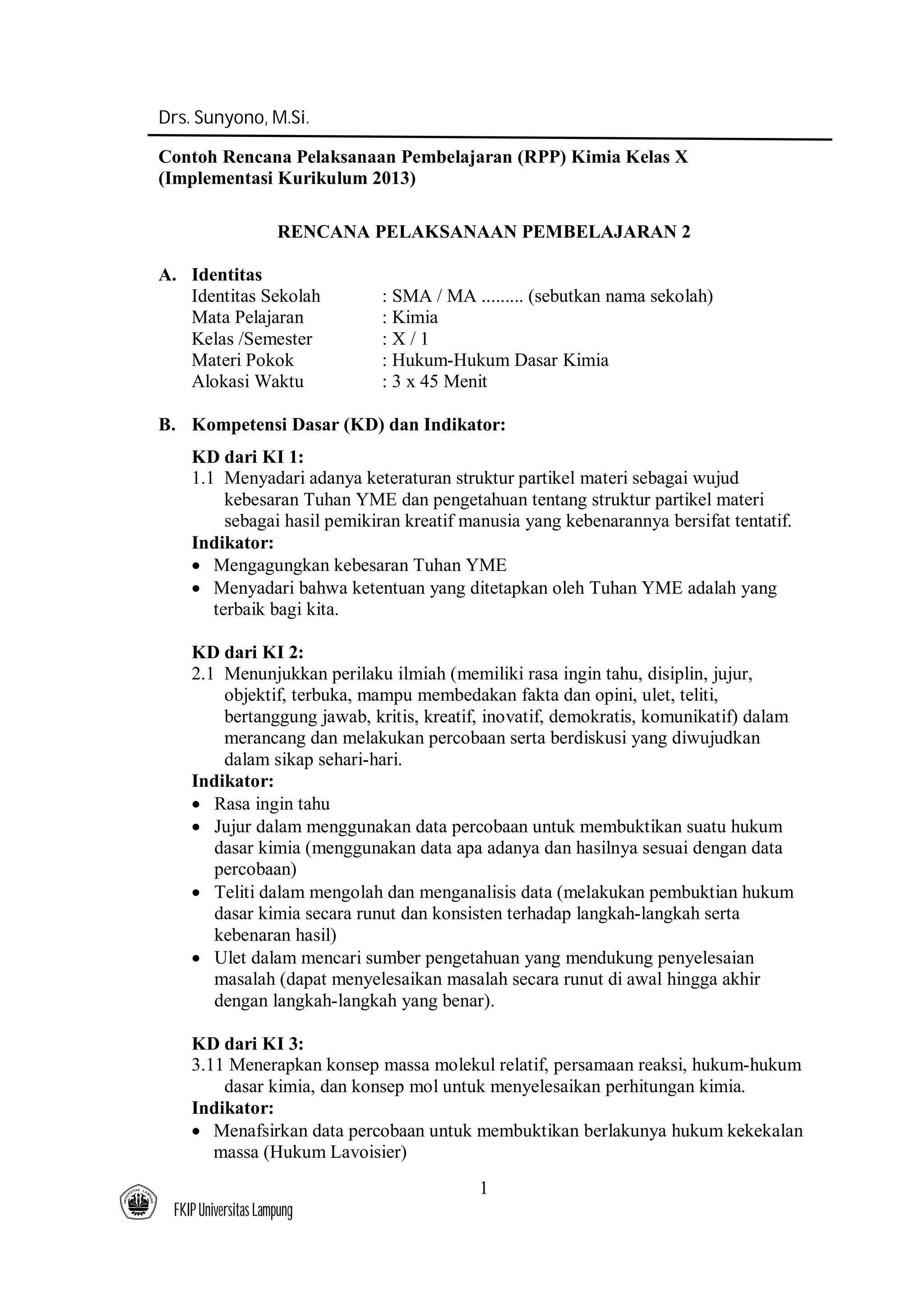 Contoh rpp-kimia-kls-x-pertemuan 2-kurklm-2013 | PDF