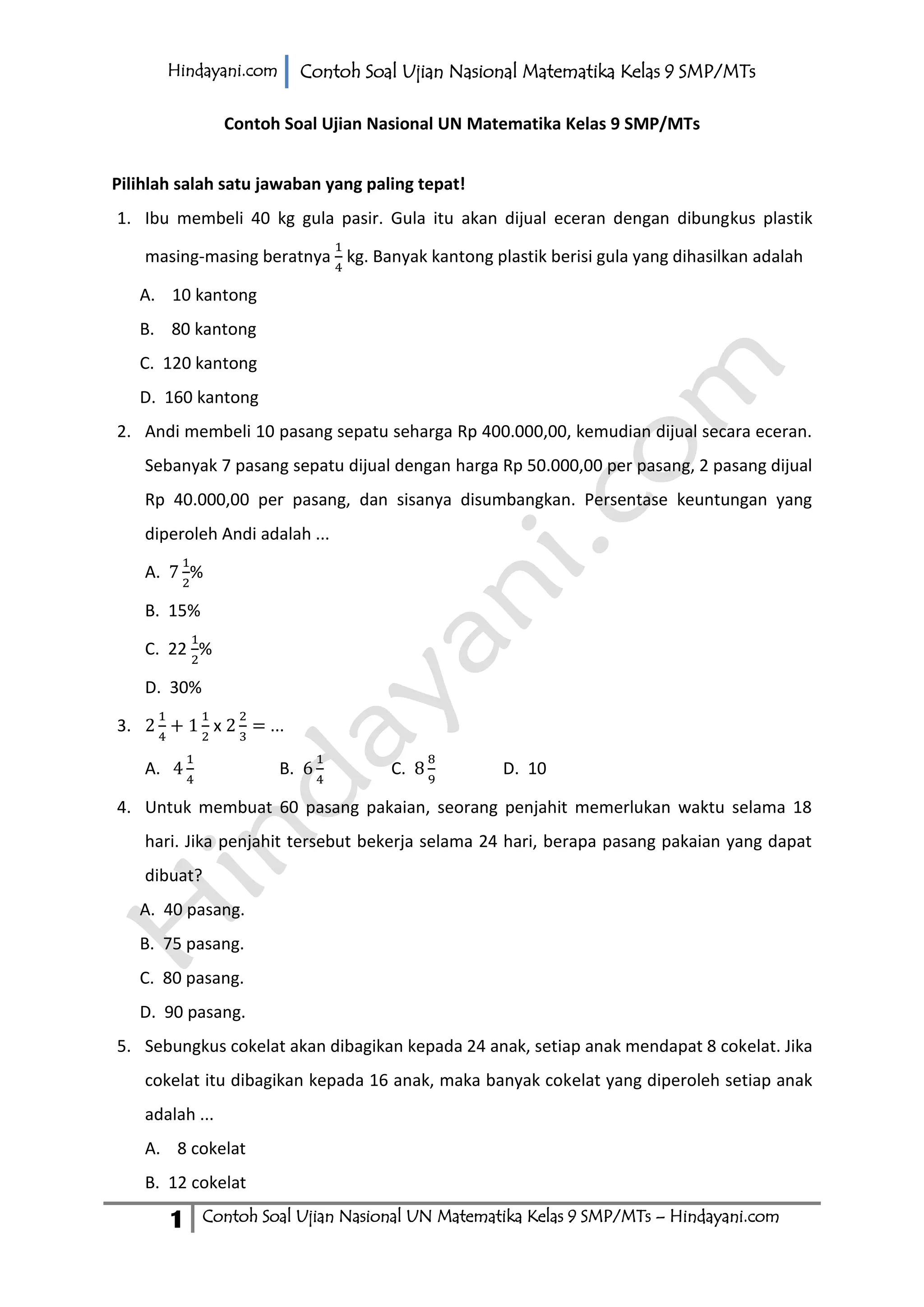 Contoh soal-ujian-nasional-un-matematika-kelas-9-smp-m ts | PDF