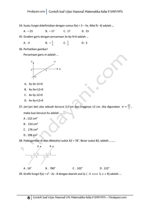 Contoh soal-ujian-nasional-un-matematika-kelas-9-smp-m ts | PDF