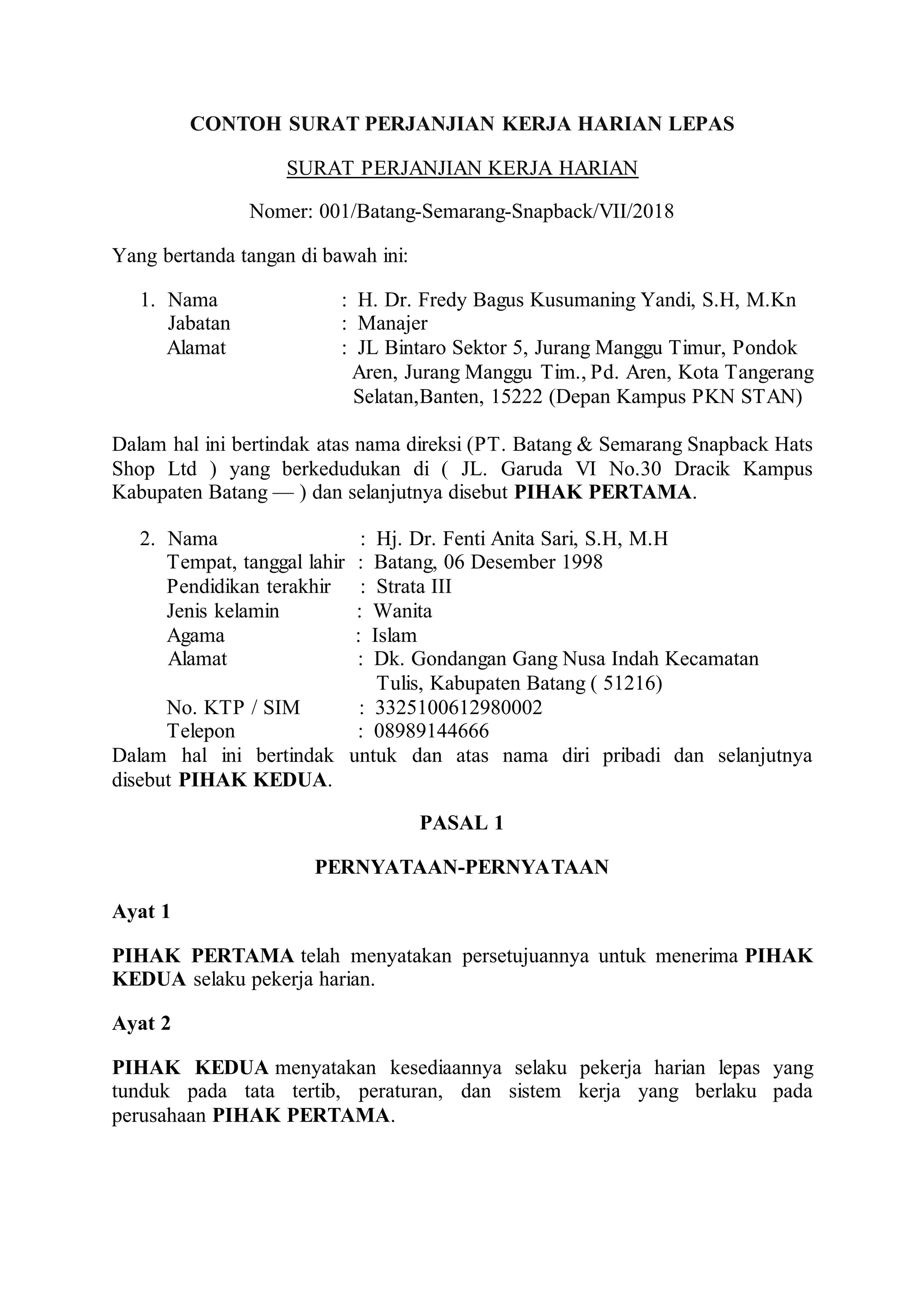 SURAT PERJANJIAN KERJA HARIAN LEPAS | PDF