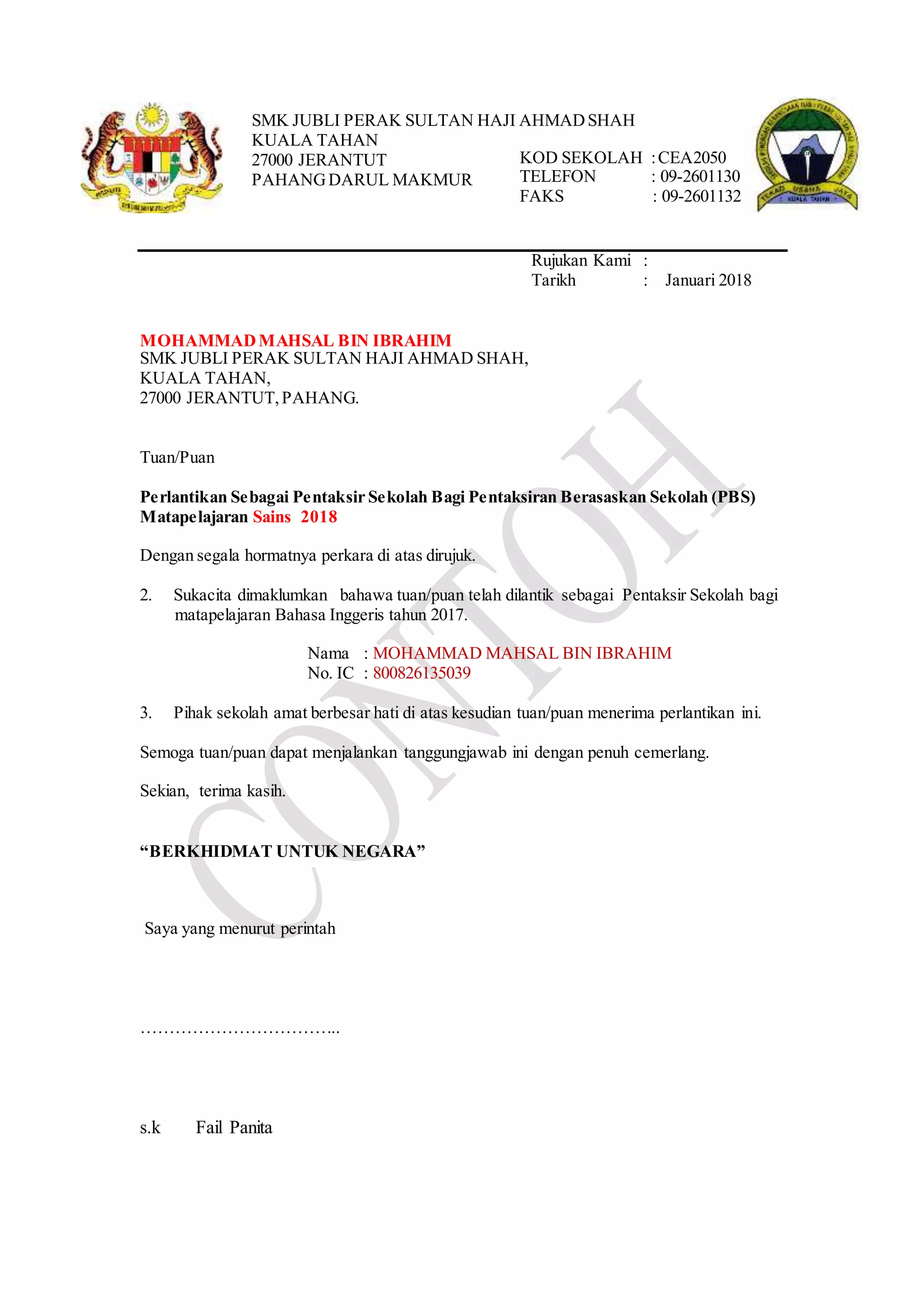 Contoh surat perlantikan pentaksir sekolah | DOC