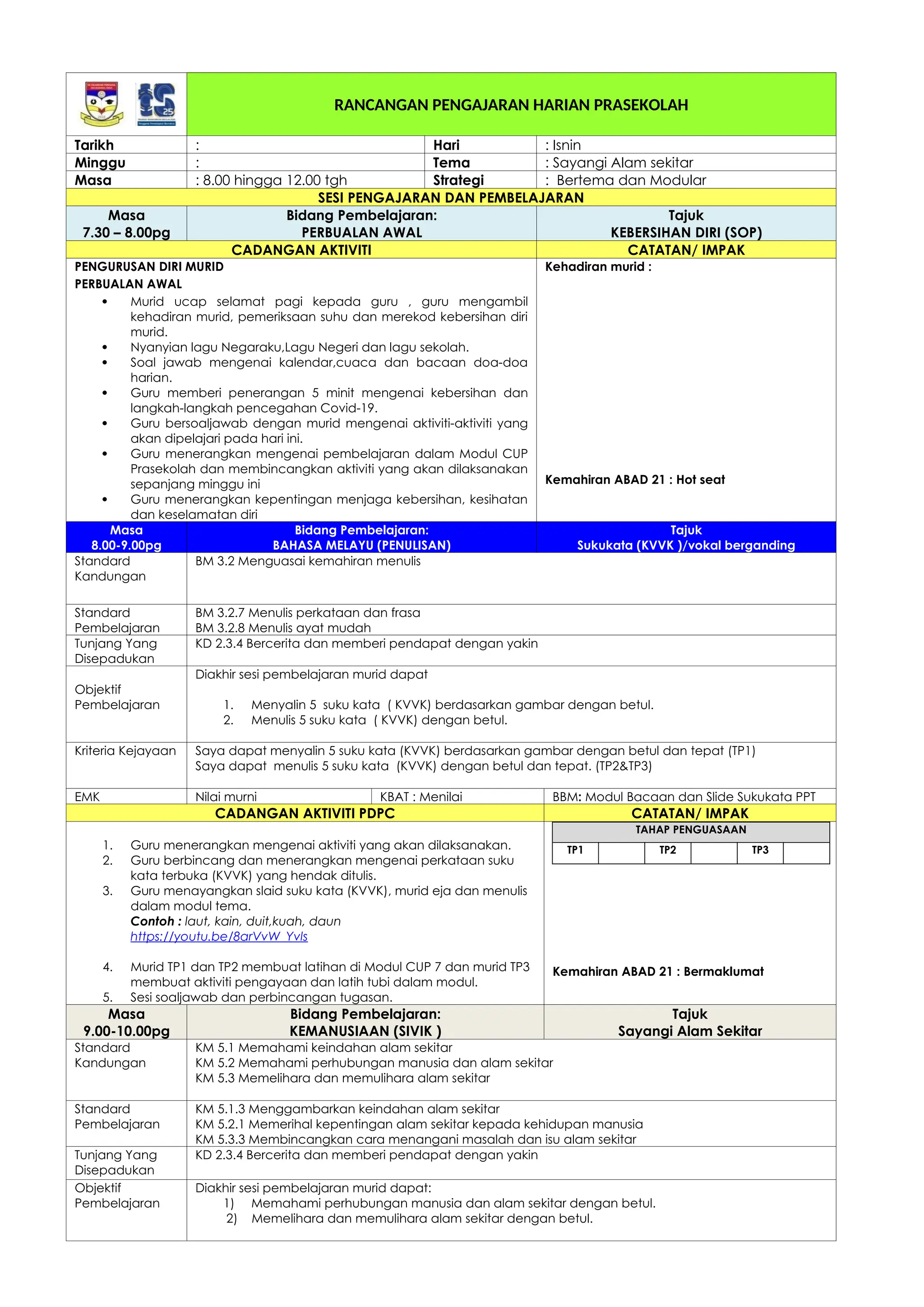 CONTOH 2 RPH PRA 2022-TS25.docprasekolahx | PDF