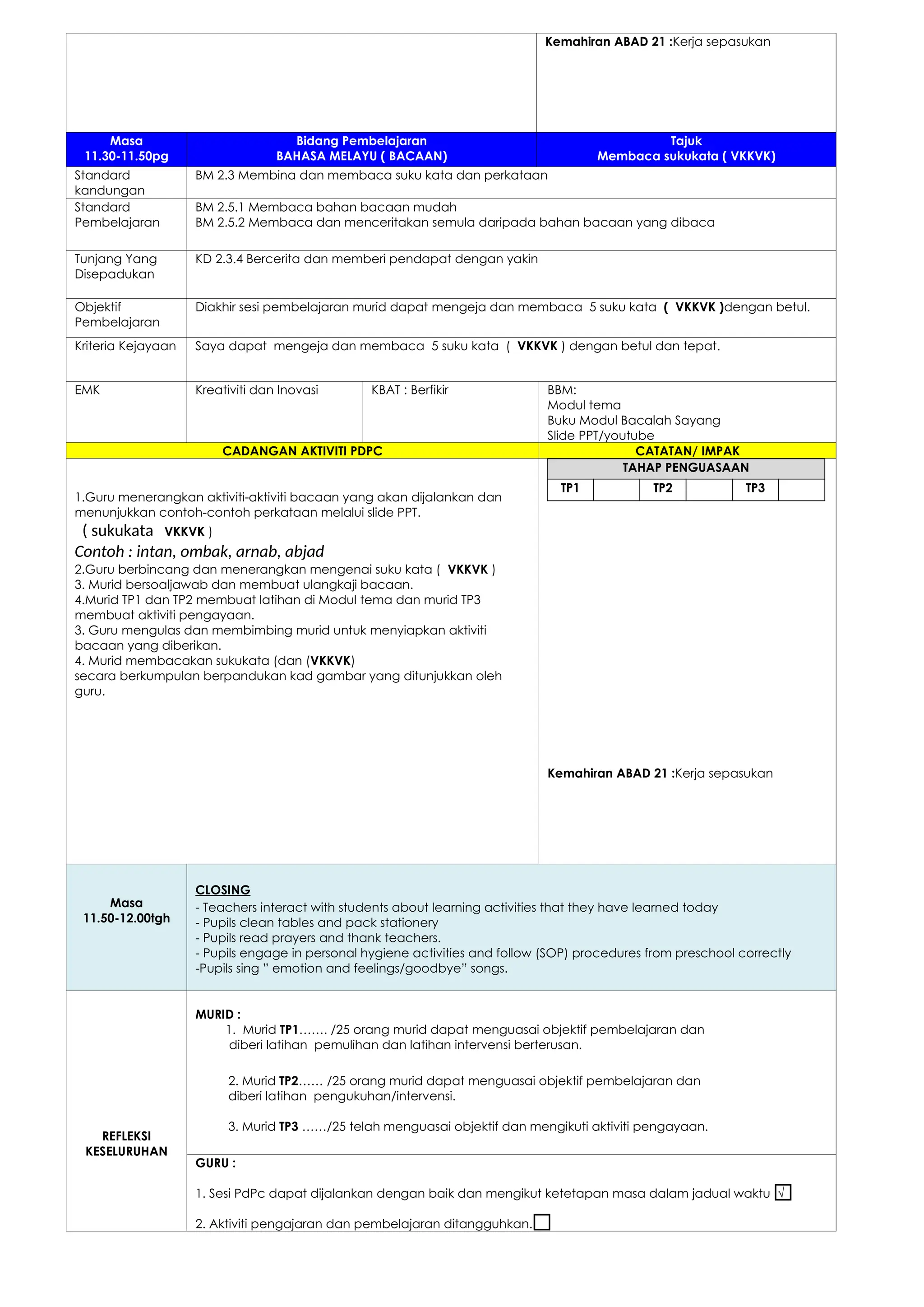 CONTOH 2 RPH PRA 2022-TS25.docprasekolahx | PDF