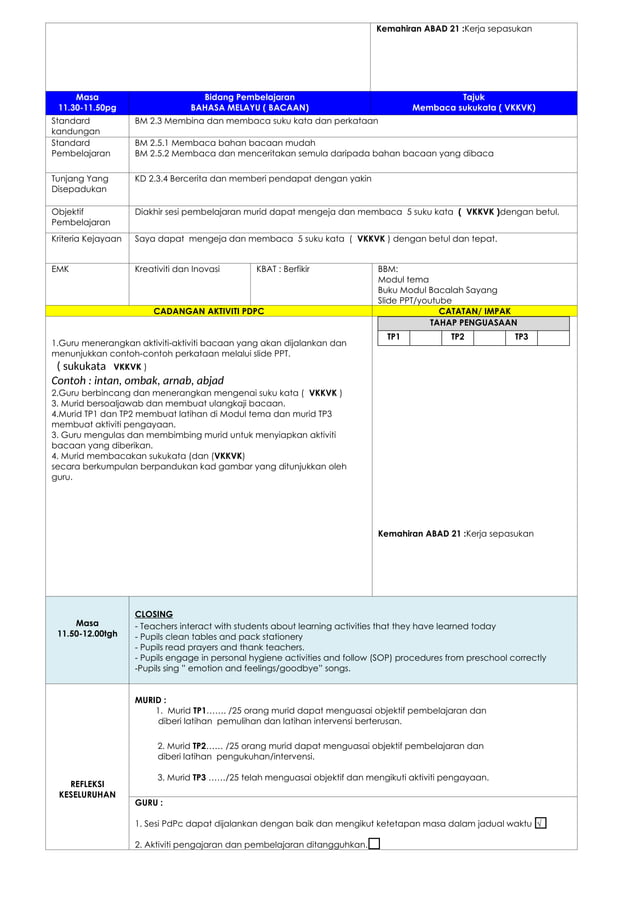 CONTOH 2 RPH PRA 2022-TS25.docprasekolahx | PDF
