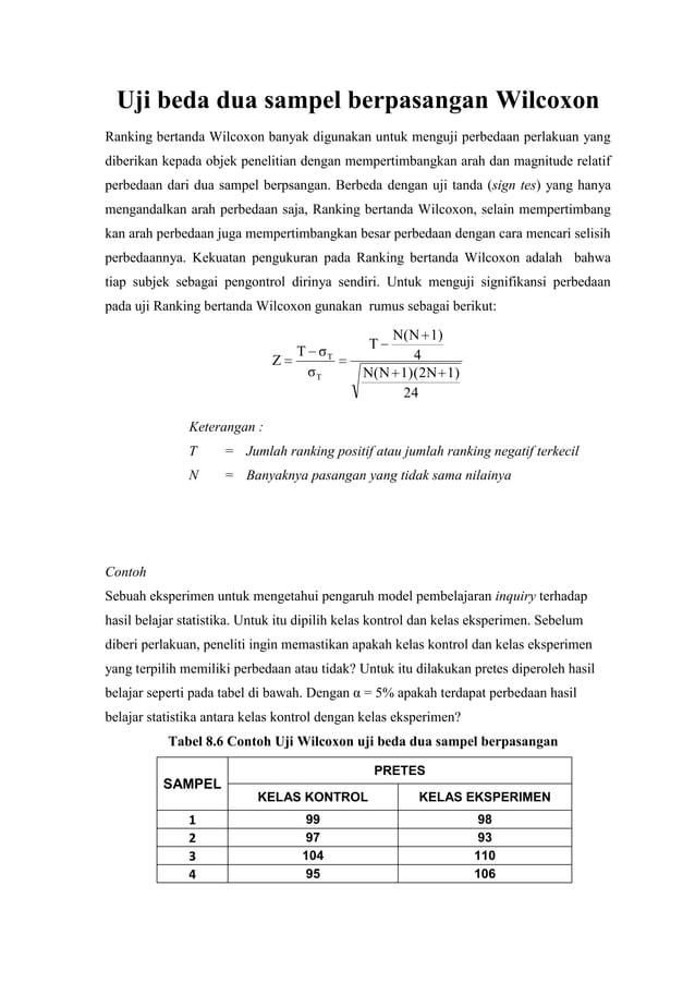 Contoh analisis uji beda nonparamaetrik wilcoxon | DOCX