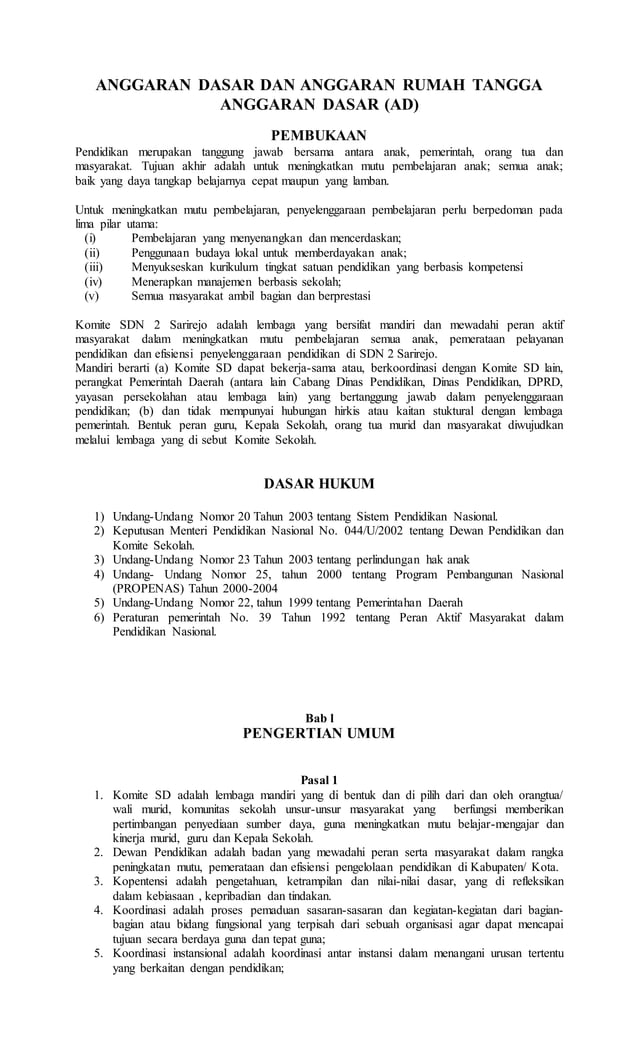 Contoh anggaran dasar dan anggaran rumah tangga komite sekolah | PDF