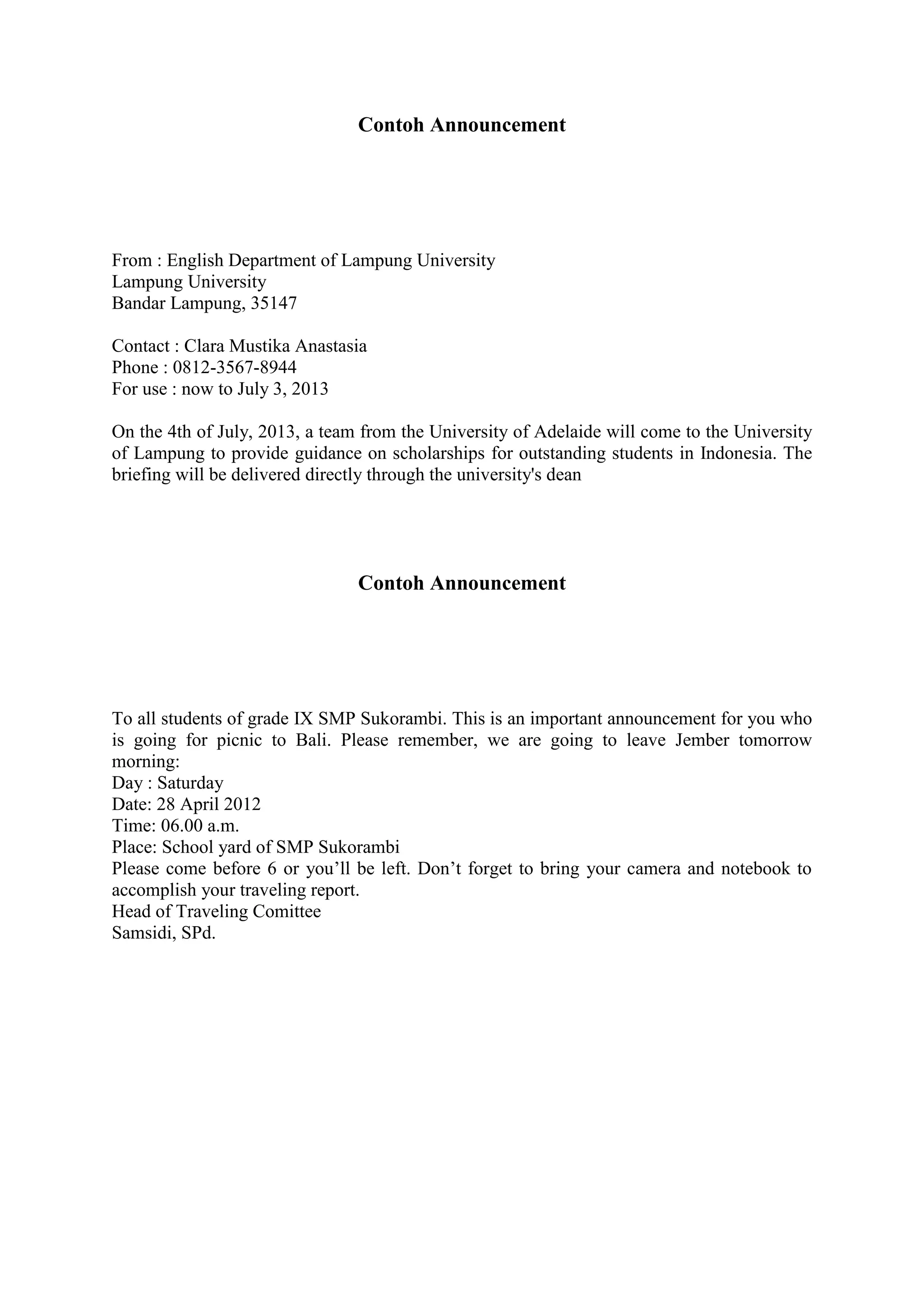 Contoh announcement | DOCX