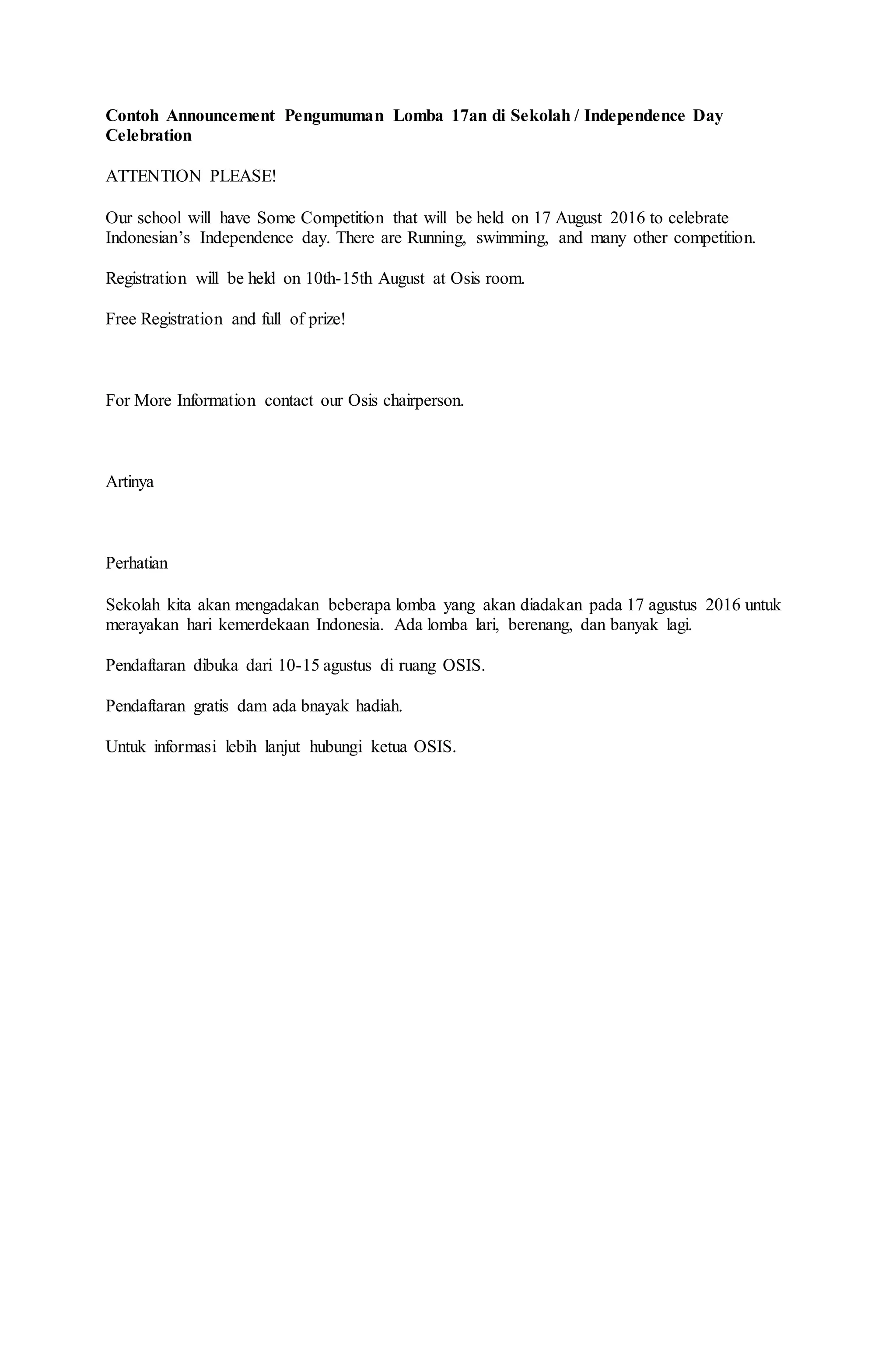 Contoh announcement pengumuman lomba 17an di sekolah | DOCX