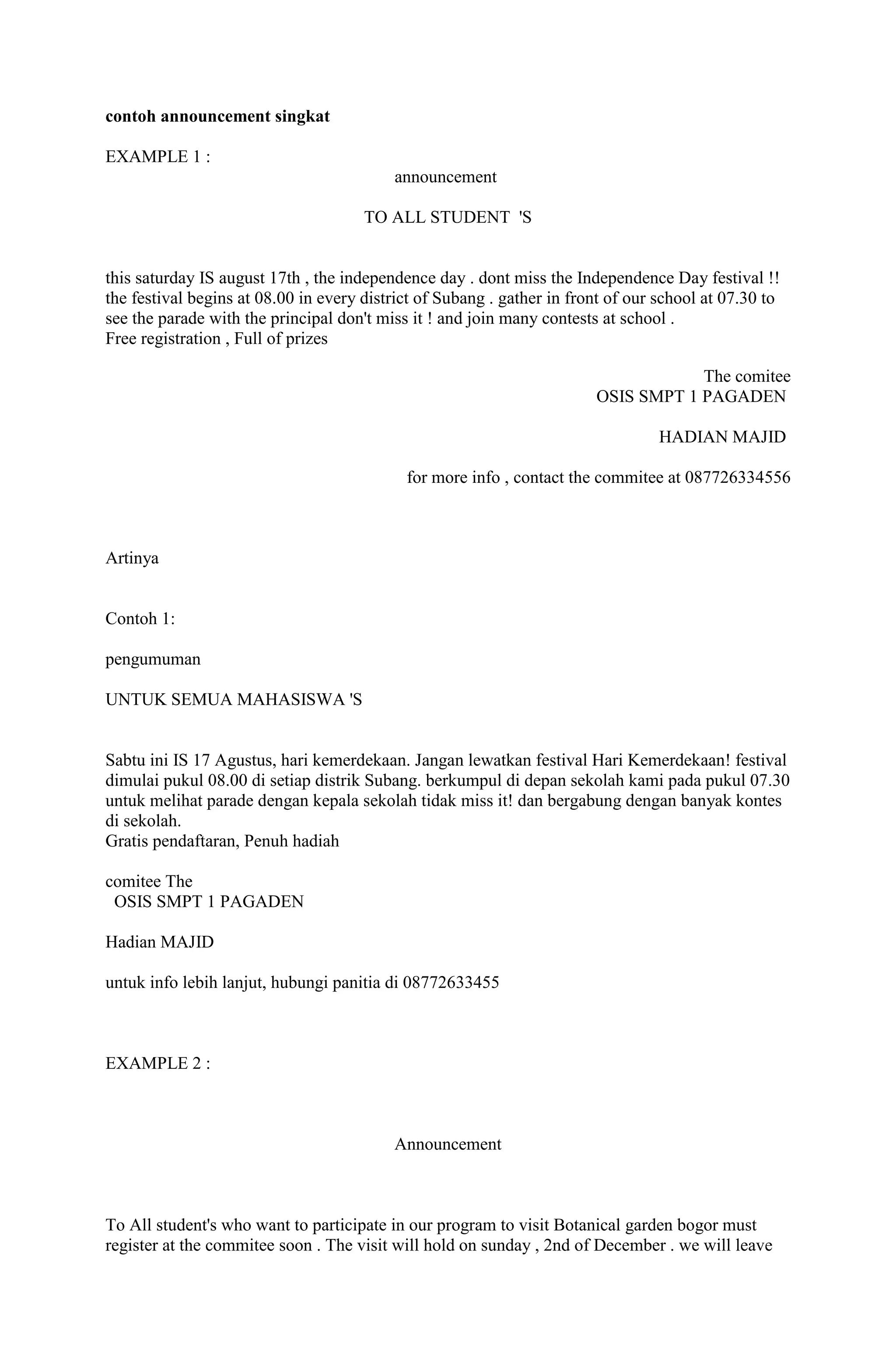 Contoh Kalimat Announcement Singkat