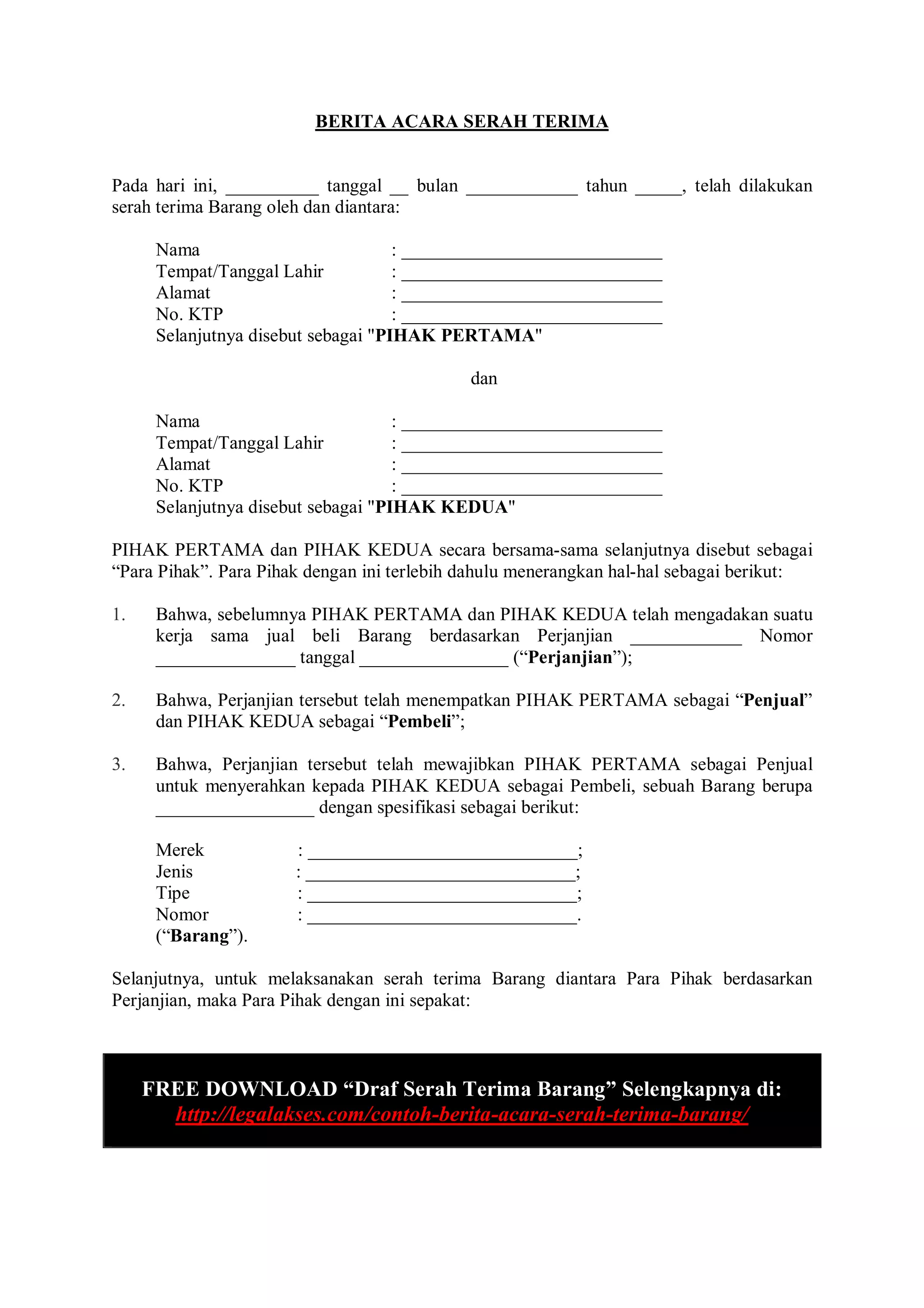 Download Contoh Berita Acara Serah Terima Barang | PDF