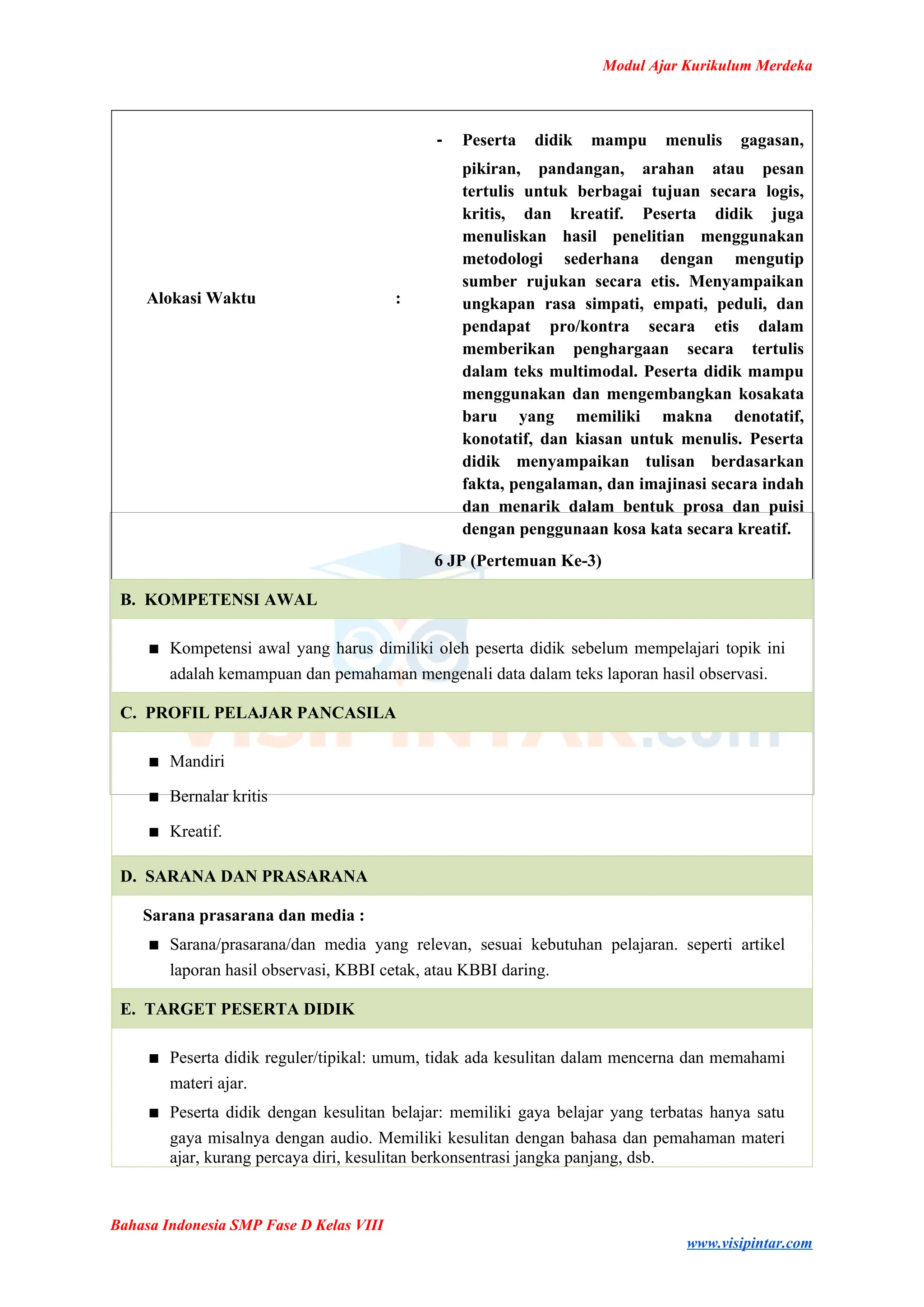 Modul Ajar Bahasa Indonesia SMP Kelas 8 Kurikulum Merdeka | DOCX