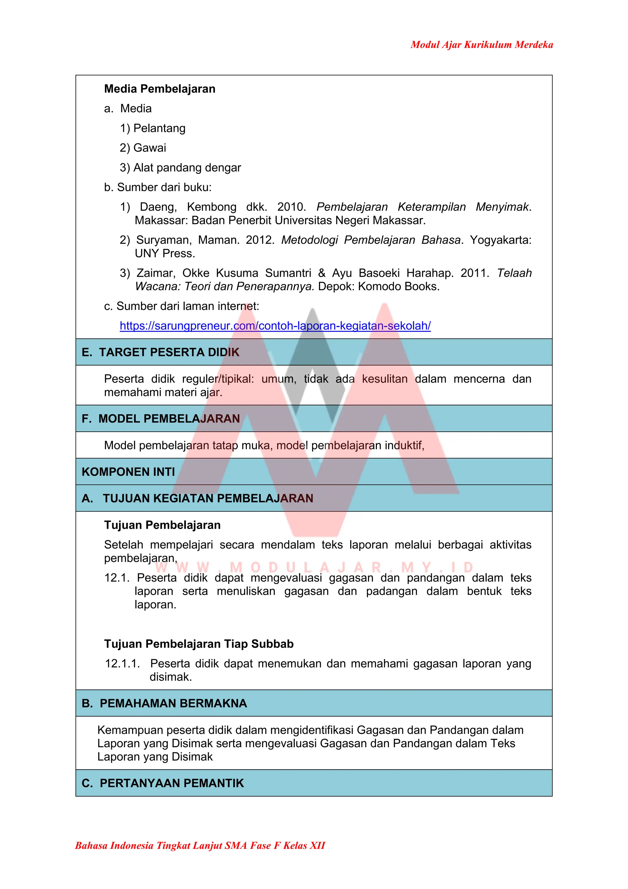 Modul Ajar B Indonesia TL Kelas 12 Kurikulum Merdeka | PDF