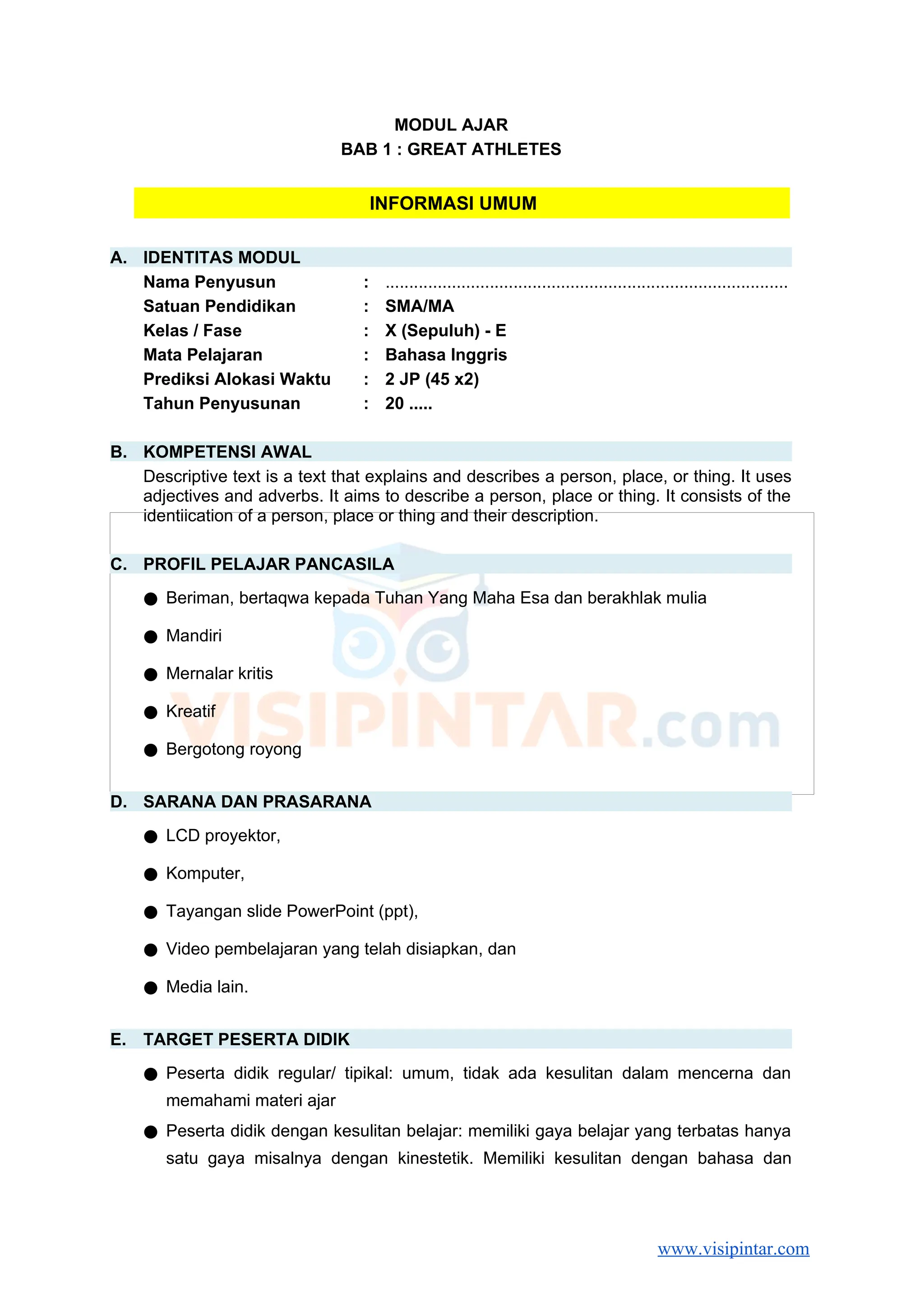 Modul Ajar Bahasa Inggris Kelas 10 Kurikulum Merdeka | DOCX