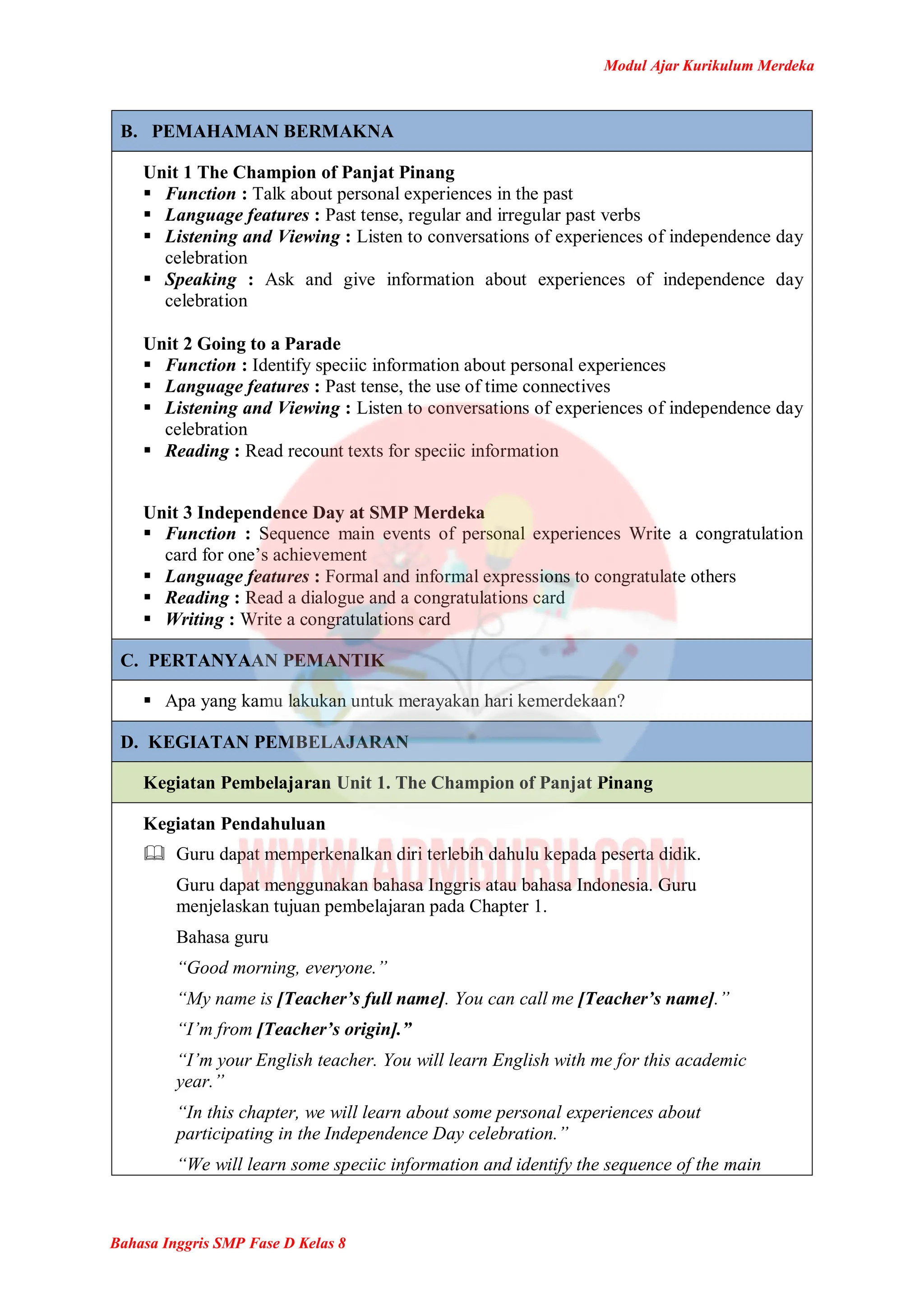 Modul Ajar B Inggris Kelas 8 Kurikulum Merdeka | PDF