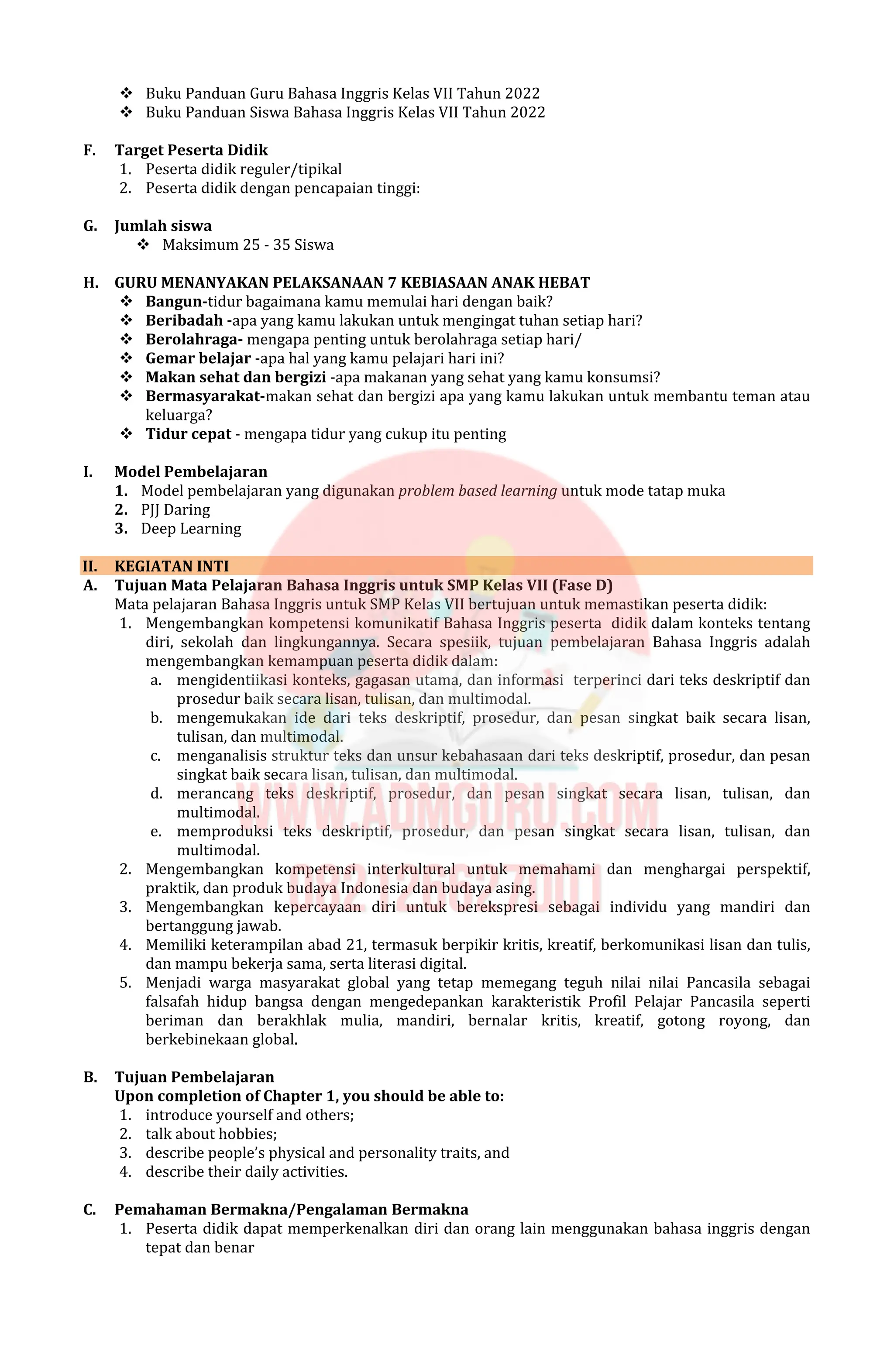 Modul Ajar B Inggris Kelas 7 Deep Learning | PDF