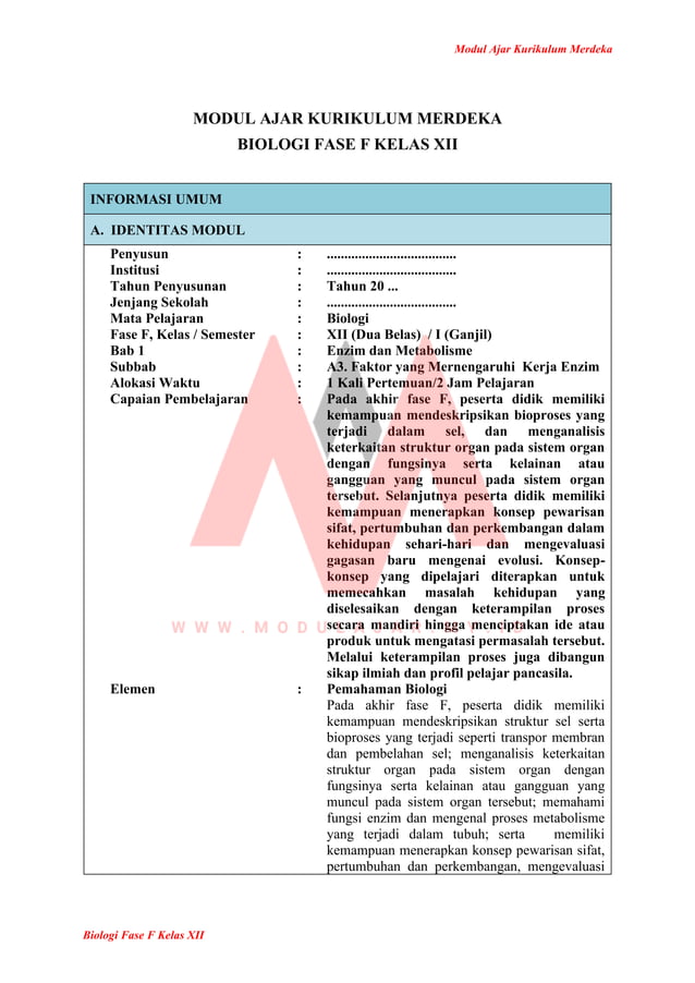 Modul Ajar Biologi Kelas 12 Kurikulum Merdeka | PDF