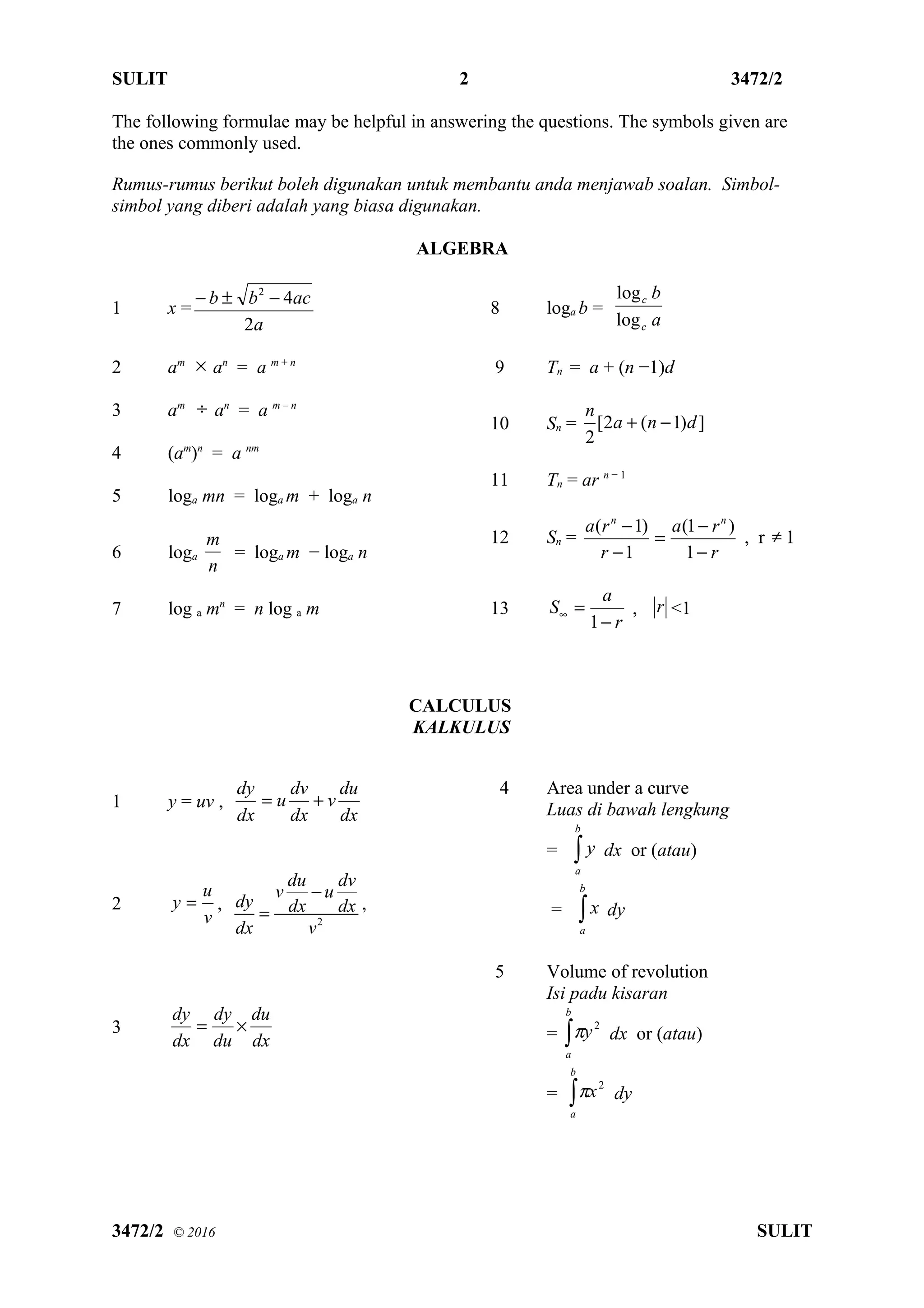 Contoh cover, rumus, maklumat kepada calon matematik tambahan kertas 2 ...