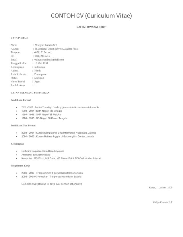 Contoh CV Lamaran Kerja Yang Baik dan Benar | PDF