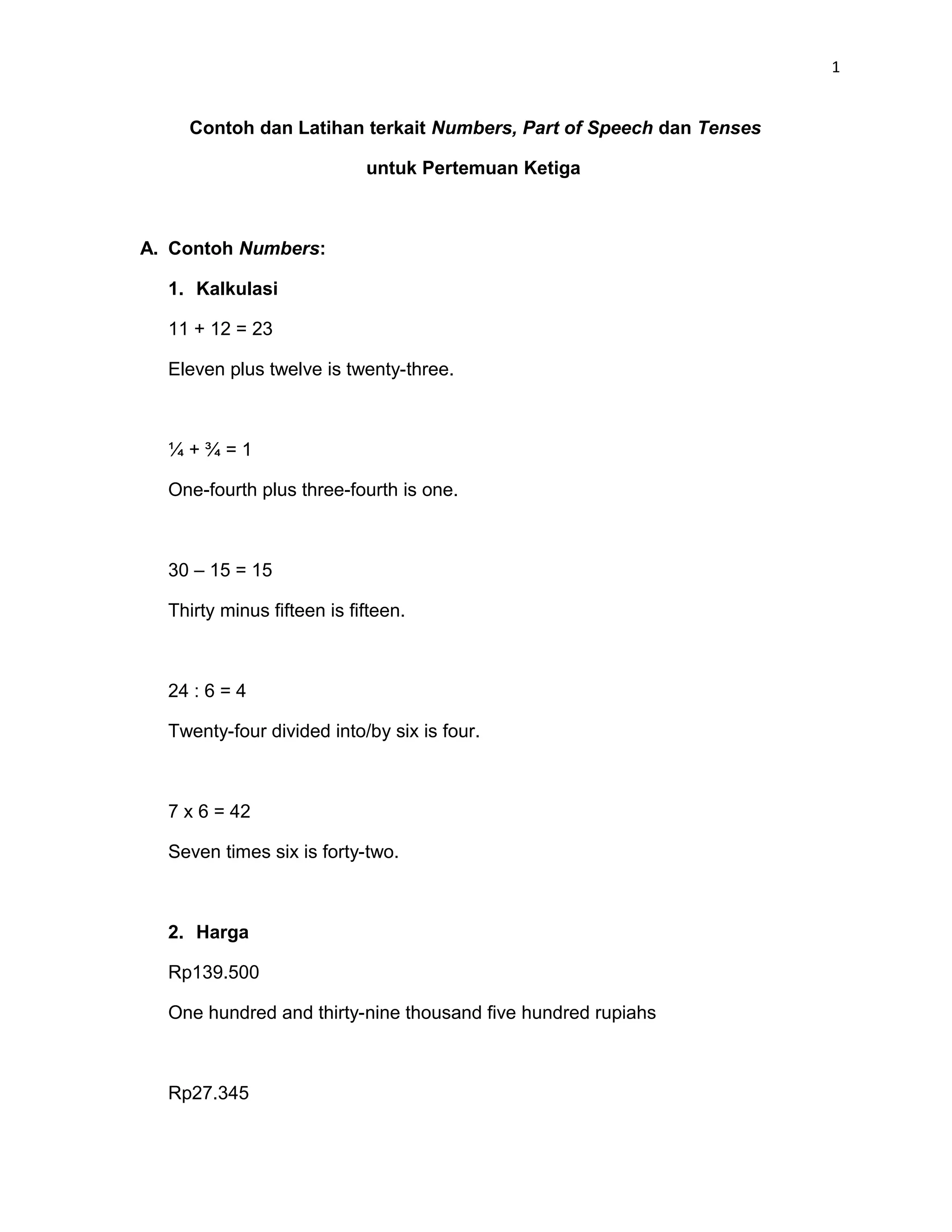Contoh dan latihan terkait numbers, part of speech and tenses | DOC