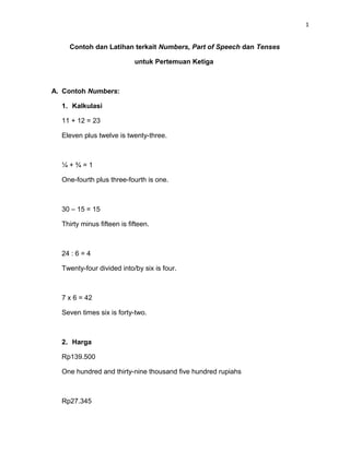 Contoh dan latihan terkait numbers, part of speech and tenses | DOC
