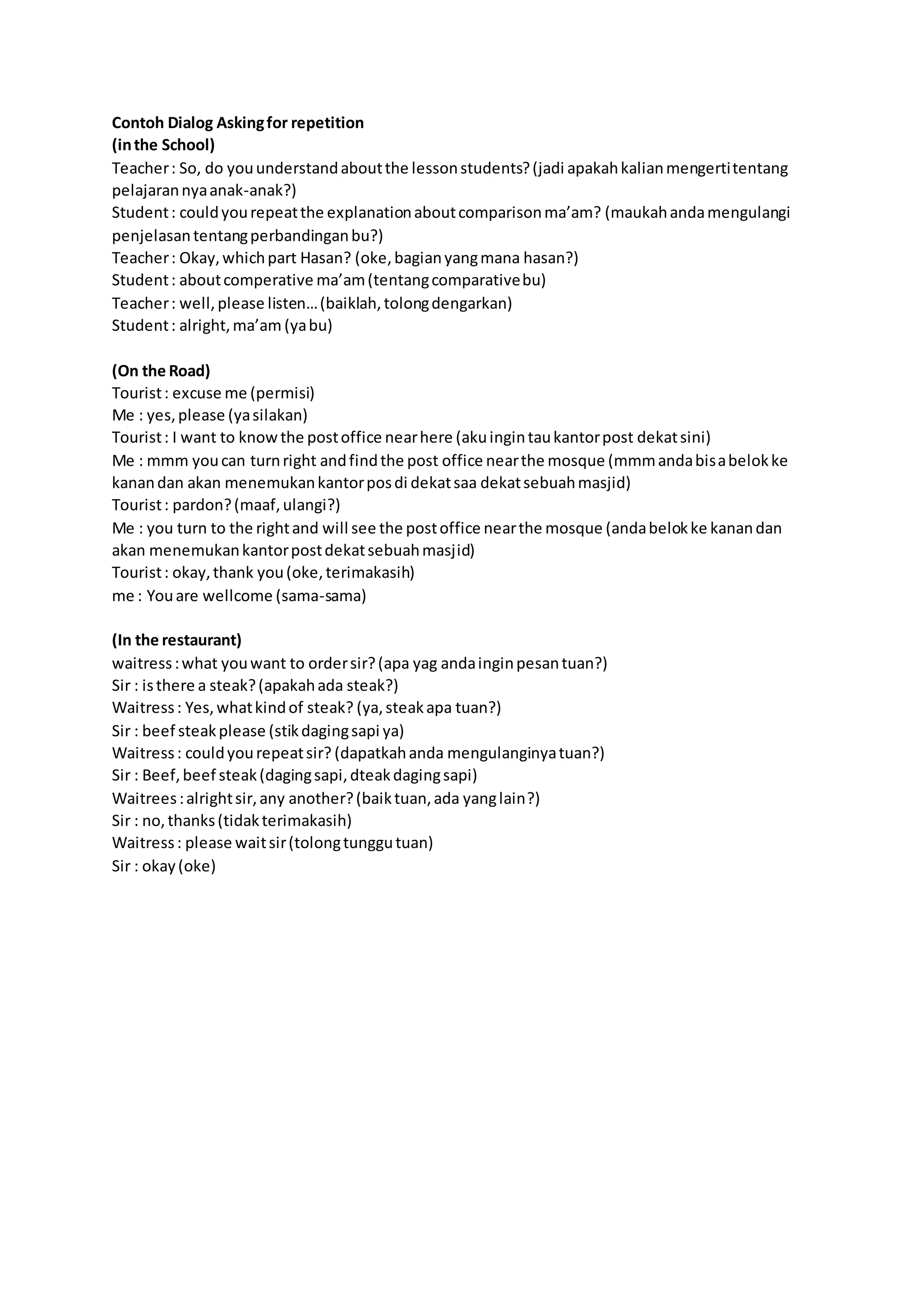 Contoh dialog asking for repetition | DOCX
